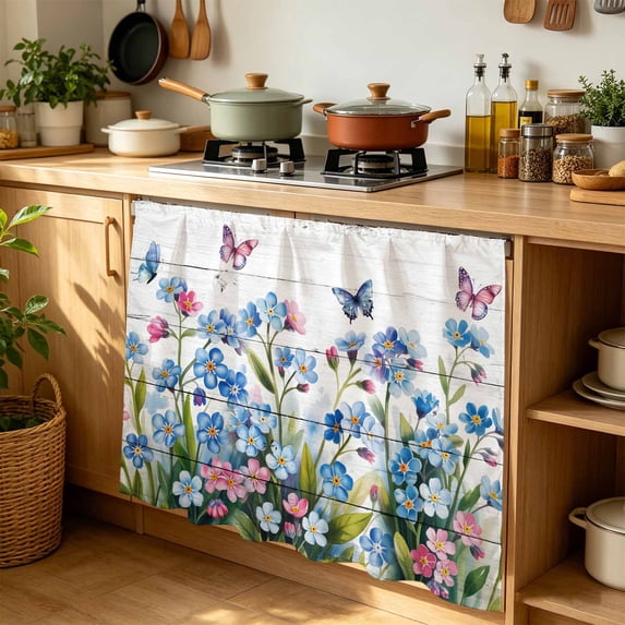 Blue Pink Flower Cabinet Curtains 35" W x 35" L Watercolor Spring Pink ...