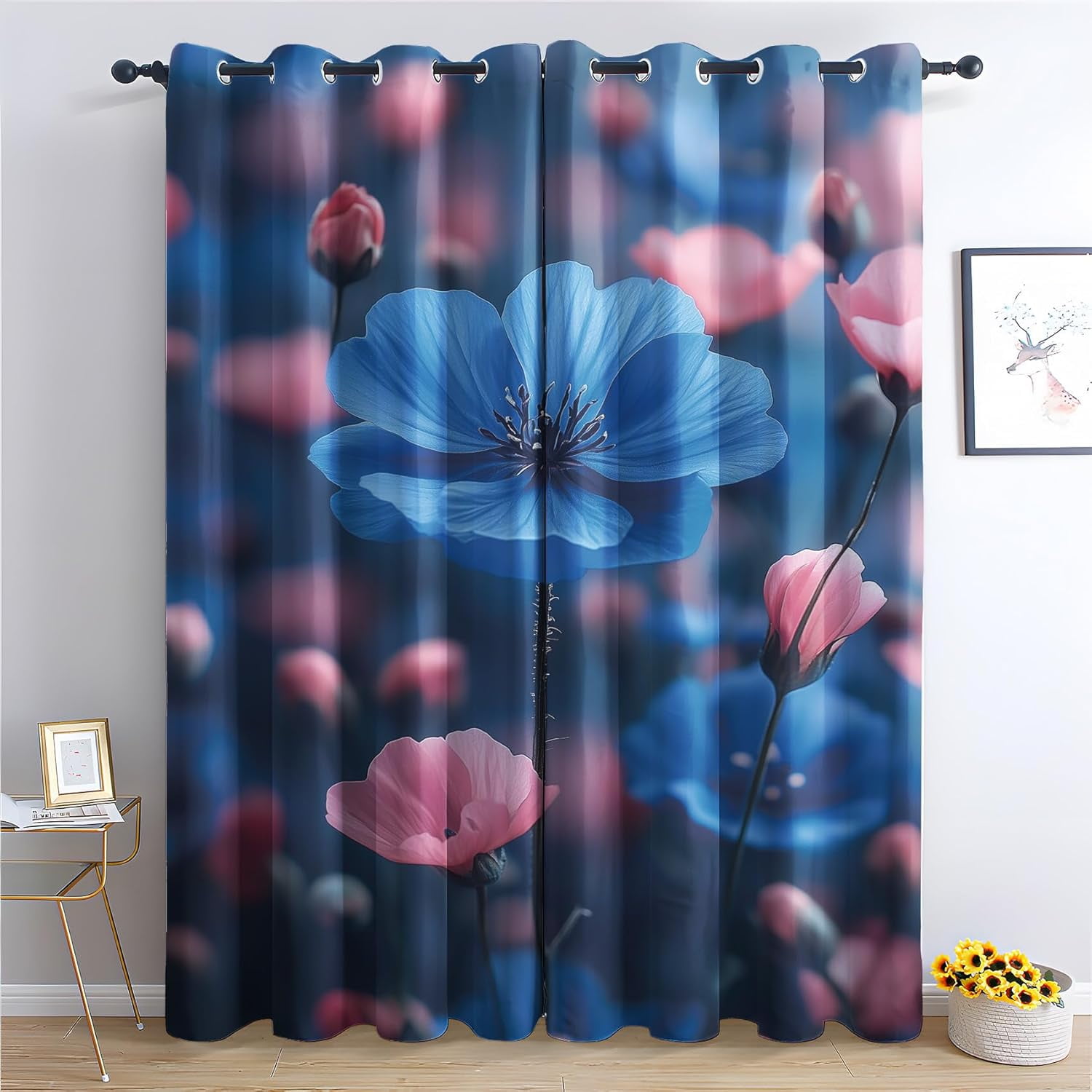 Blue Pink Flower Curtains For Bedroom, Poppy Curtains For Living Room, Floral Window Curtains ...