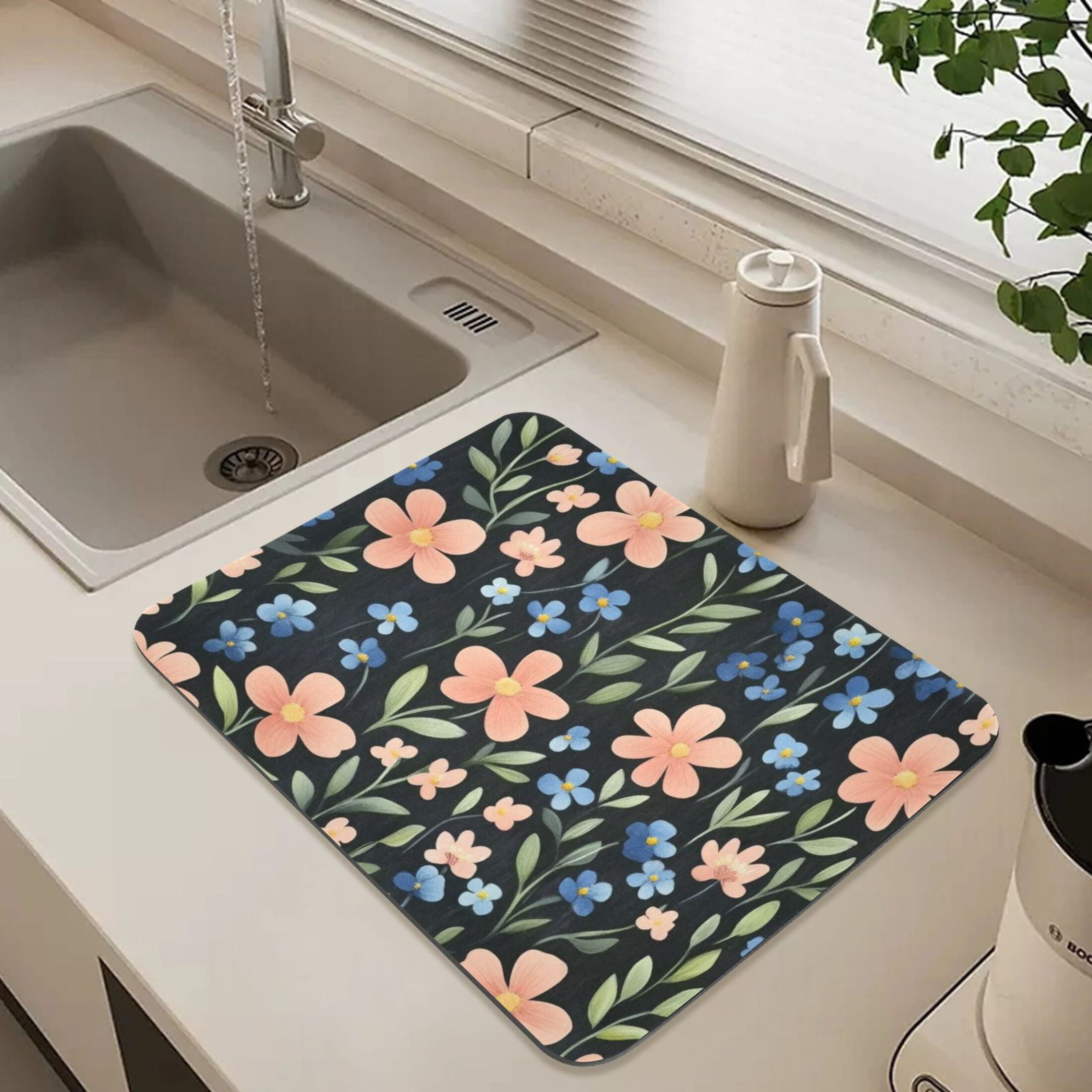 Blue Pink Flower Dish Drying Mat for Kitchen Counter Absorbent Drainer ...