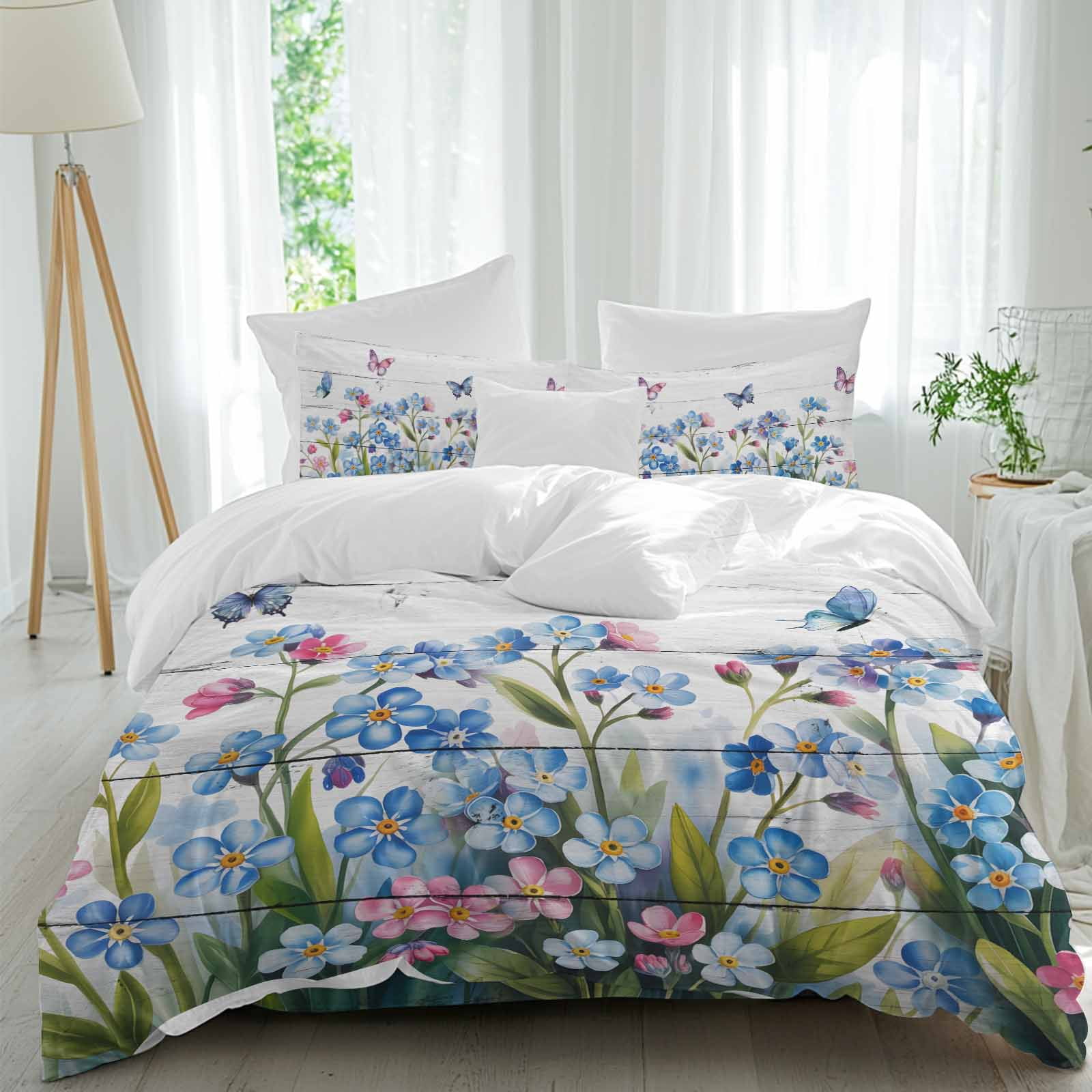 Blue Pink Flower Duvet Cover Set Queen Size, Watercolor Spring Pink ...