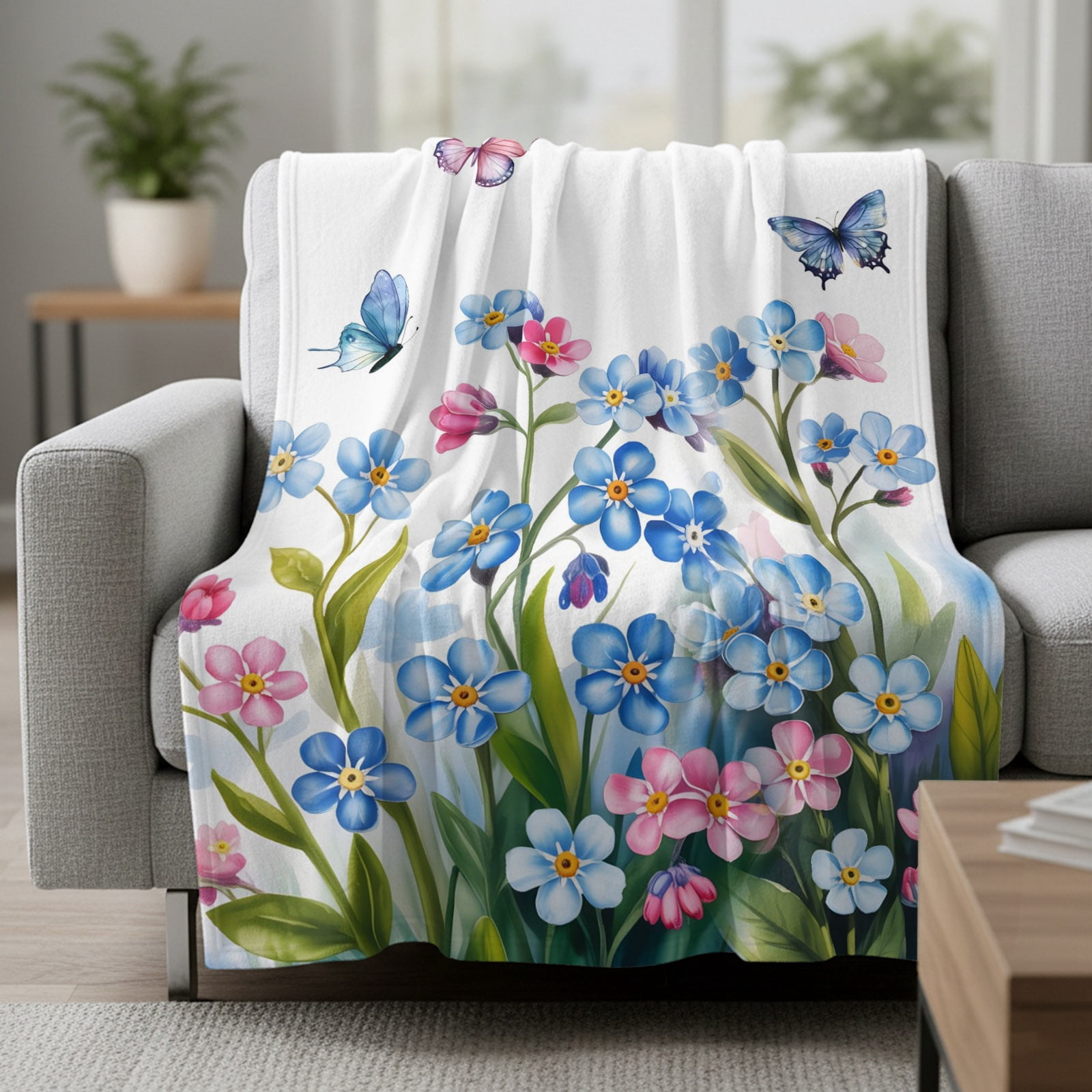 Blue Pink Flower Fleece Throw Blanket Watercolor Spring Pink Blue ...