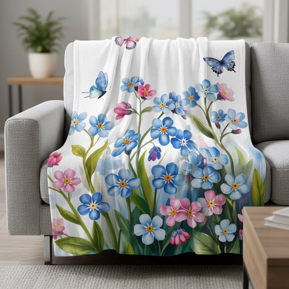 Blue Pink Flower Fleece Throw Blanket Watercolor Spring Pink Blue ...