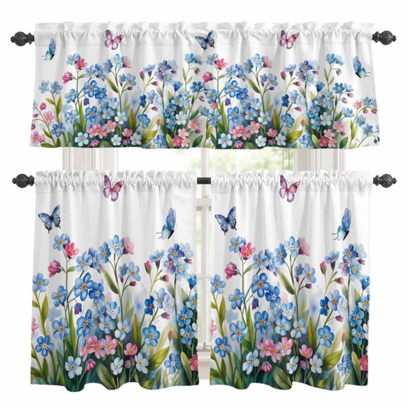 Blue Pink Flower Kitchen Curtains Set for Windows, Watercolor Spring ...