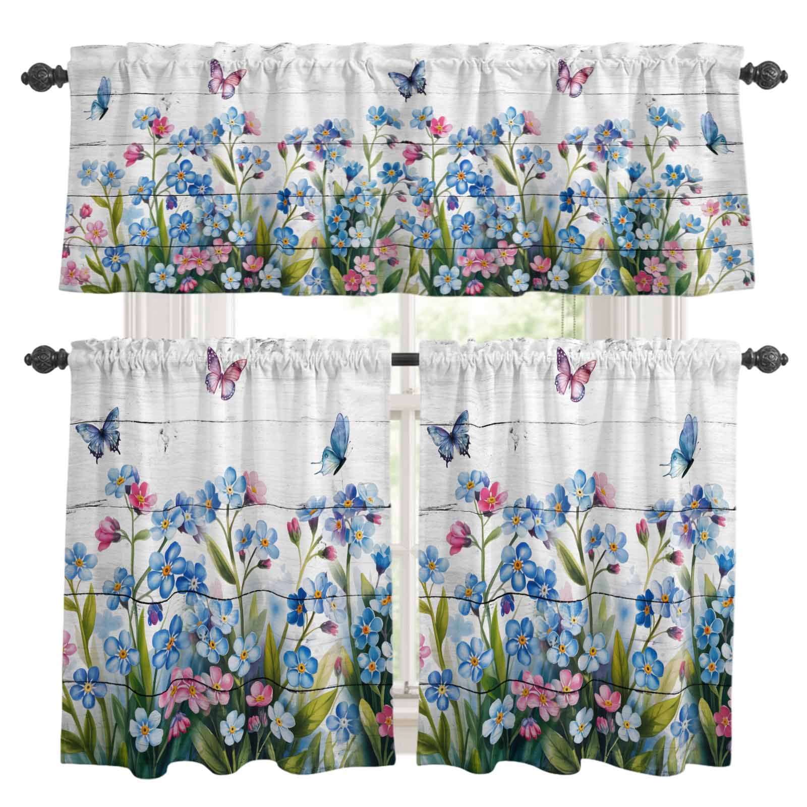 Blue Pink Flower Kitchen Curtains Set for Windows, Watercolor Spring ...