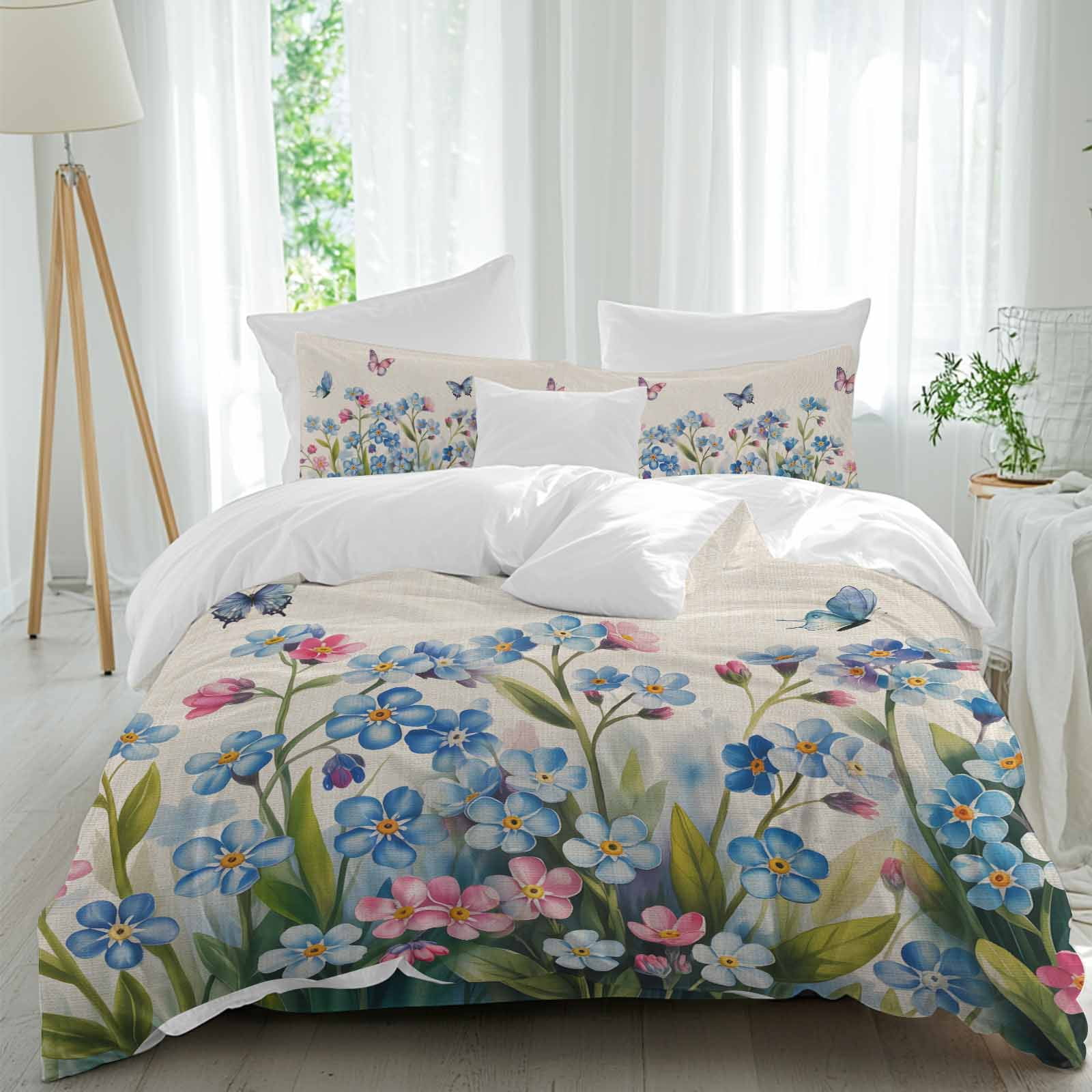 Blue Pink Flower Queen Size 4 piece Duvet Cover Set, Watercolor Spring ...