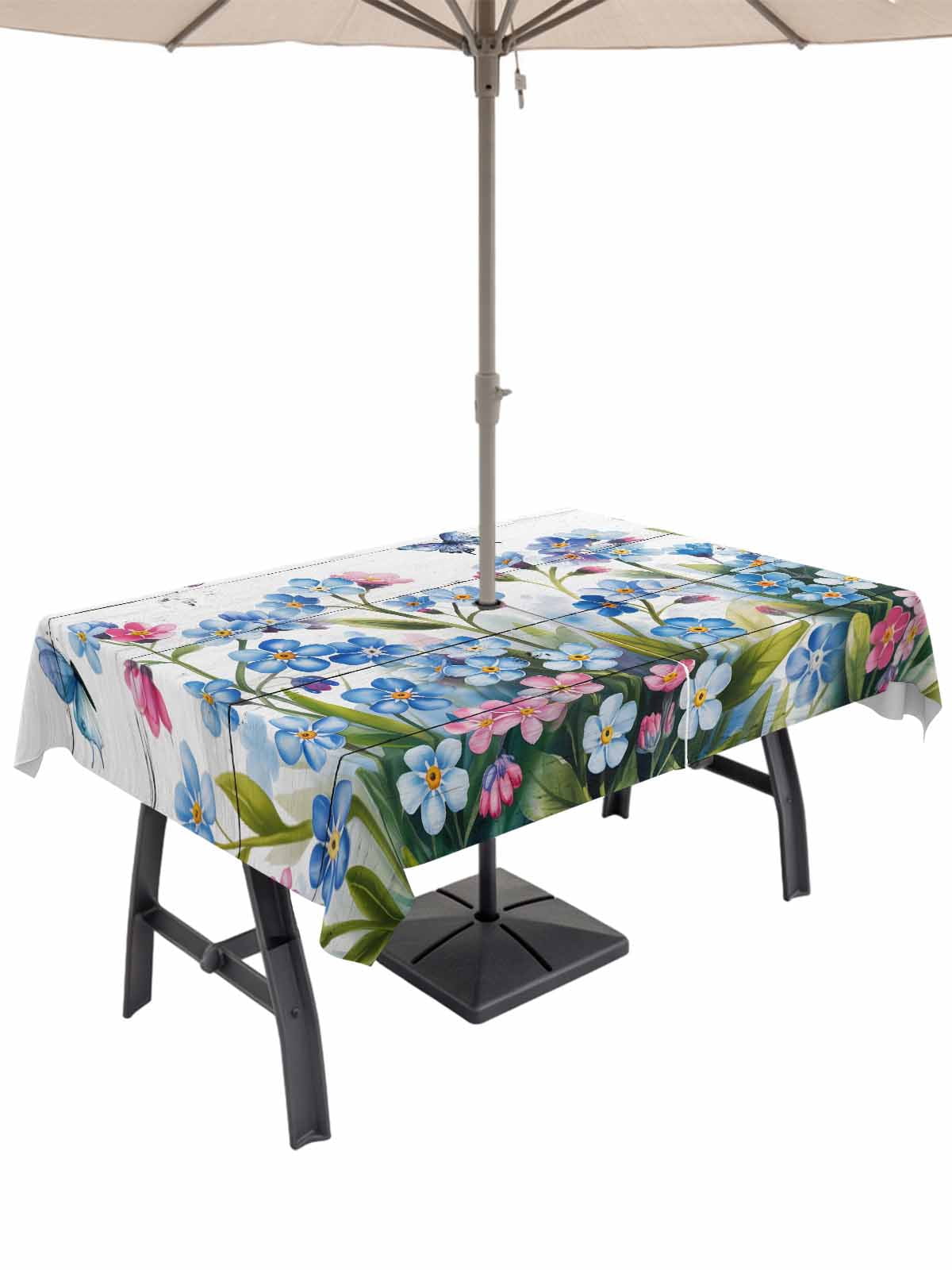 Blue Pink Flower Rectangle Outdoor Tablecloth with Umbrella Hole ...