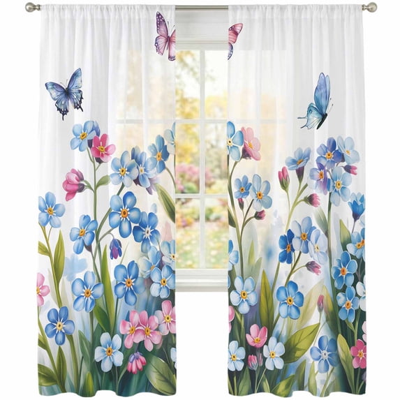 Blue Pink Flower Sheer Curtains 108 Inch Long 2 Panels Watercolor ...