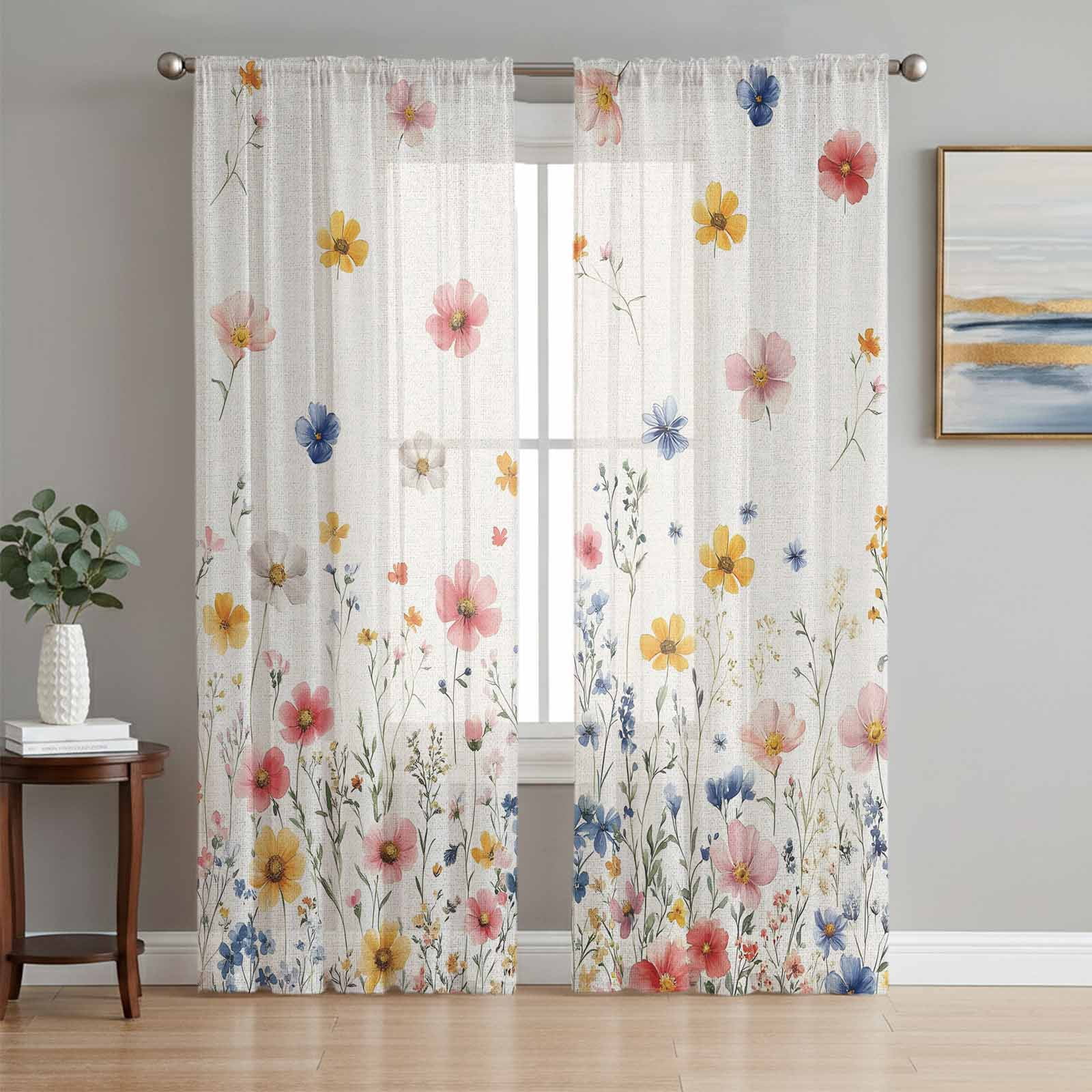 Blue Pink Flower Sheer Curtains 96 Inch Length 2 Panels Set, Country ...