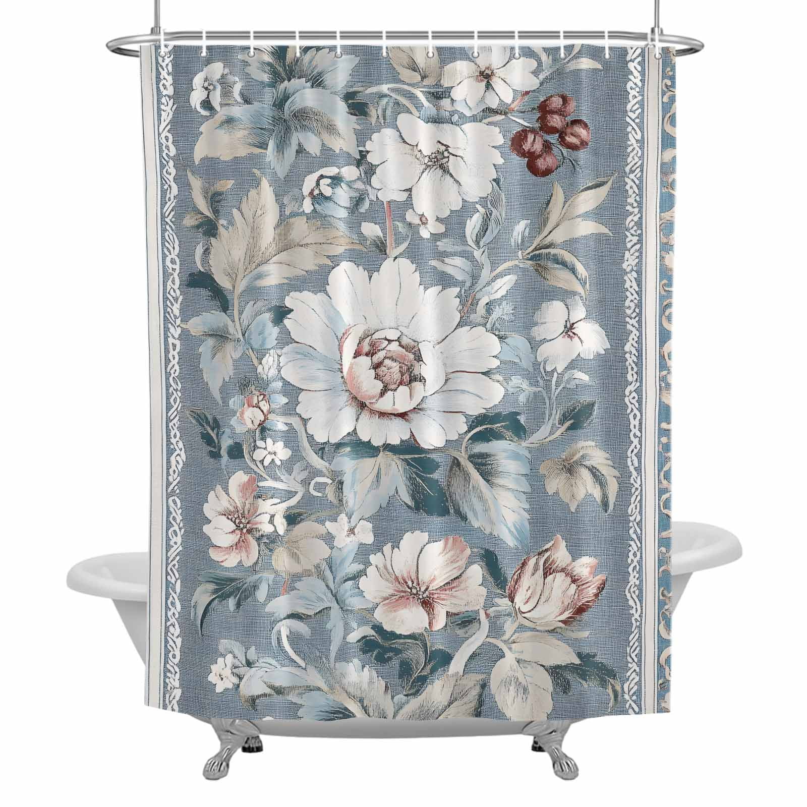 Blue Pink Flower Shower Curtain for Bathroom, Vintage Botanical Elegant ...