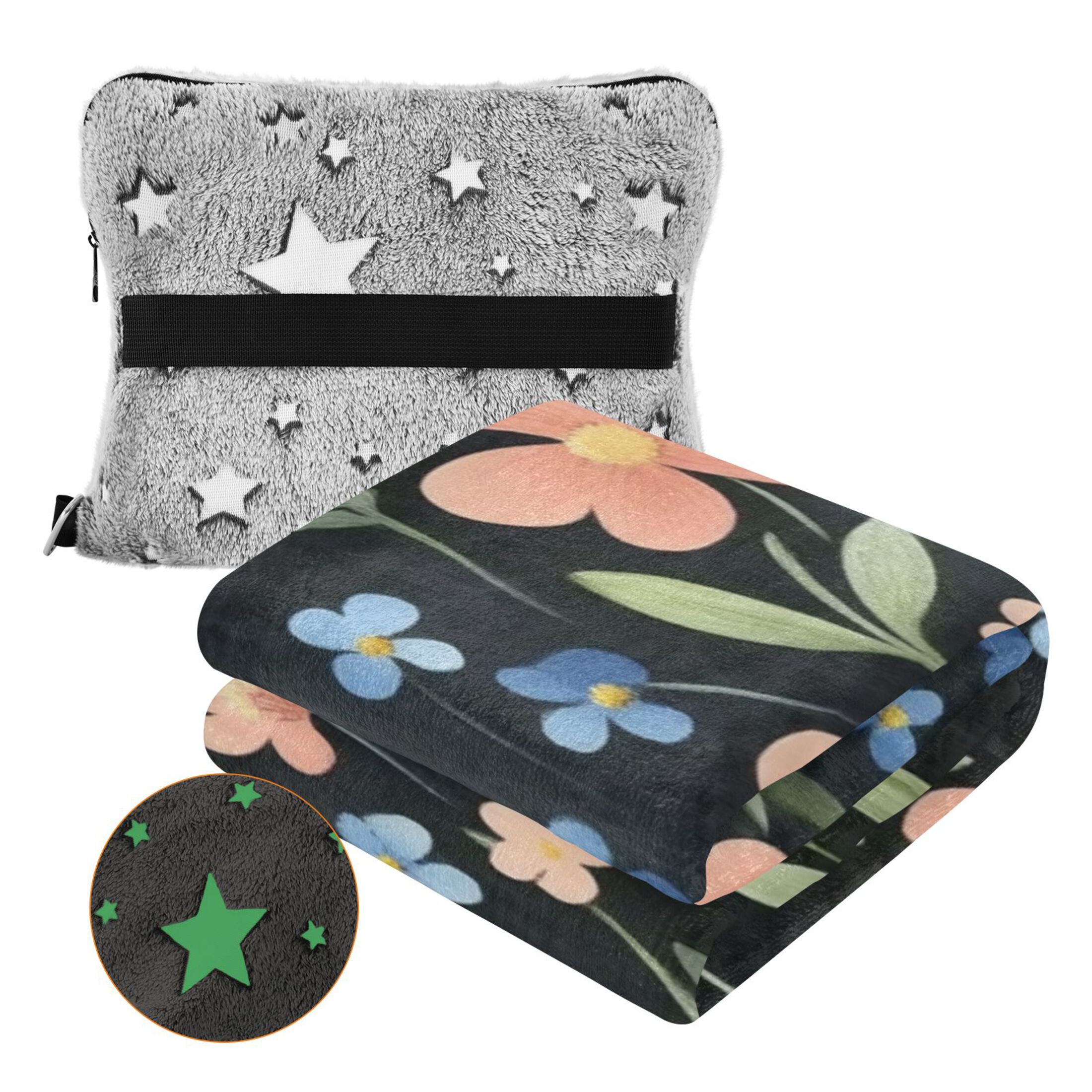 Blue Pink Flower Travel Blanket and Pillow 2 in 1 Airplane Compact with ...