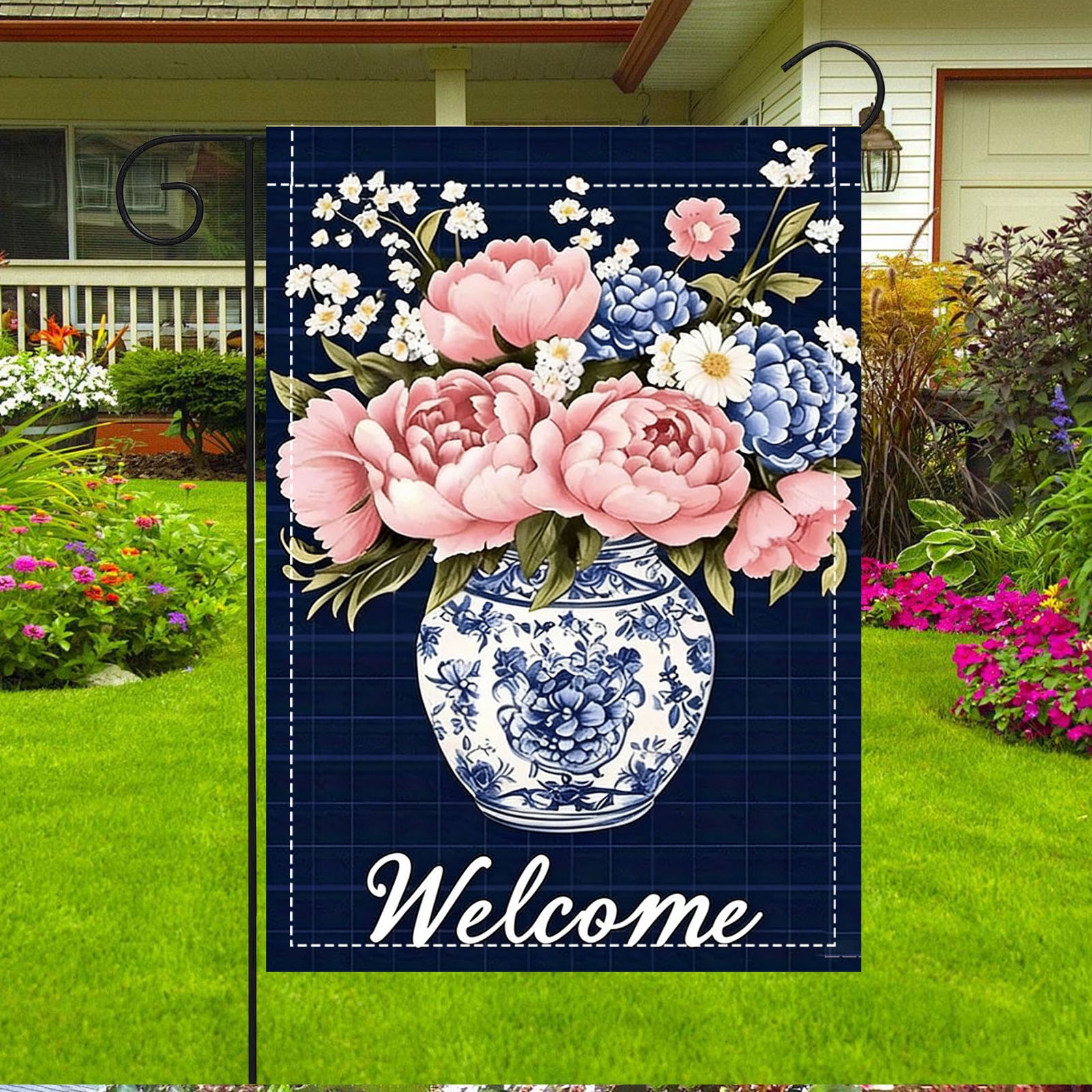 Blue Pink Flower Welcome Sweet Fresh Air Outdoor Decorative Garden Flag ...