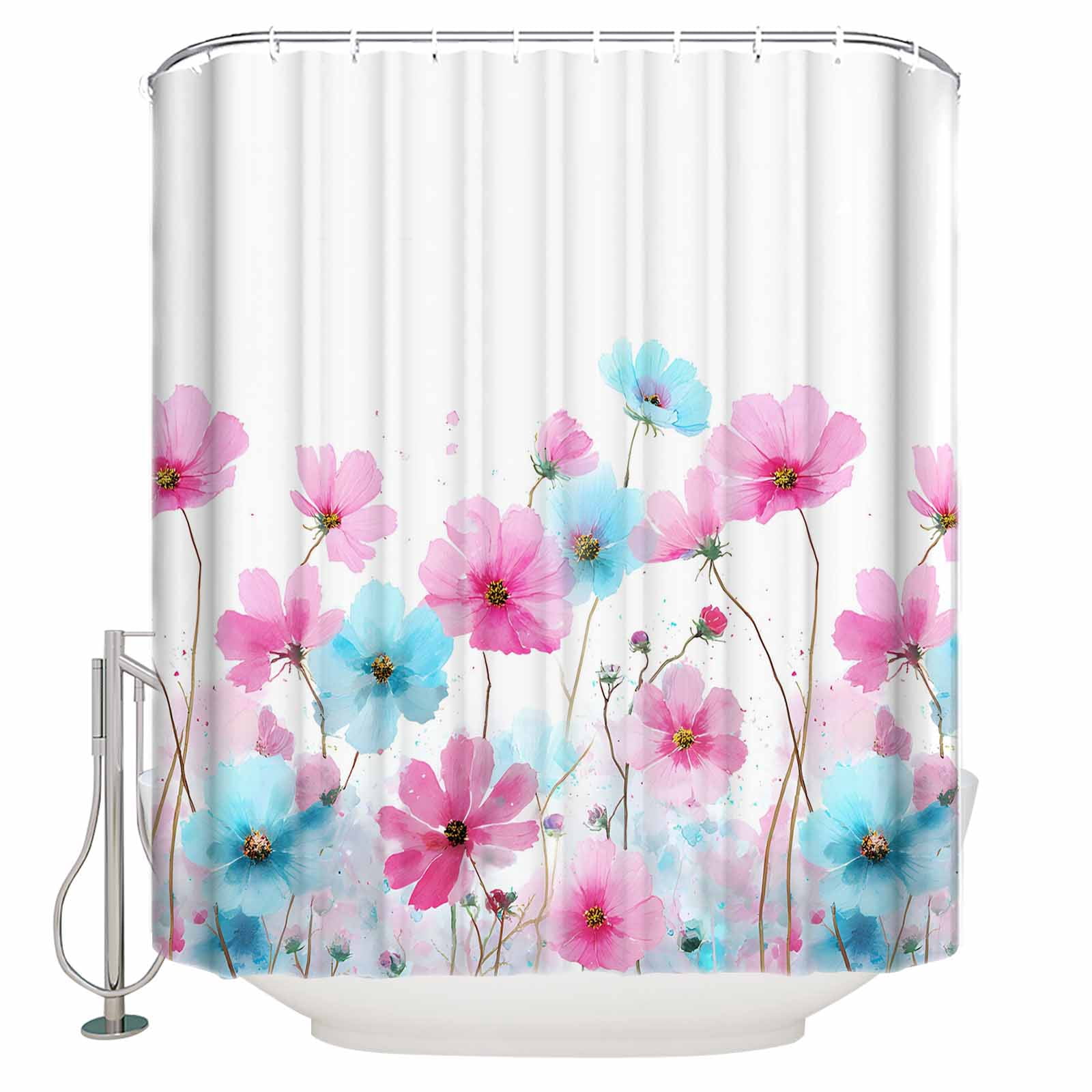 Blue Pink Flowers Bathroom Shower Curtains with 12 Hooks Polyester ...
