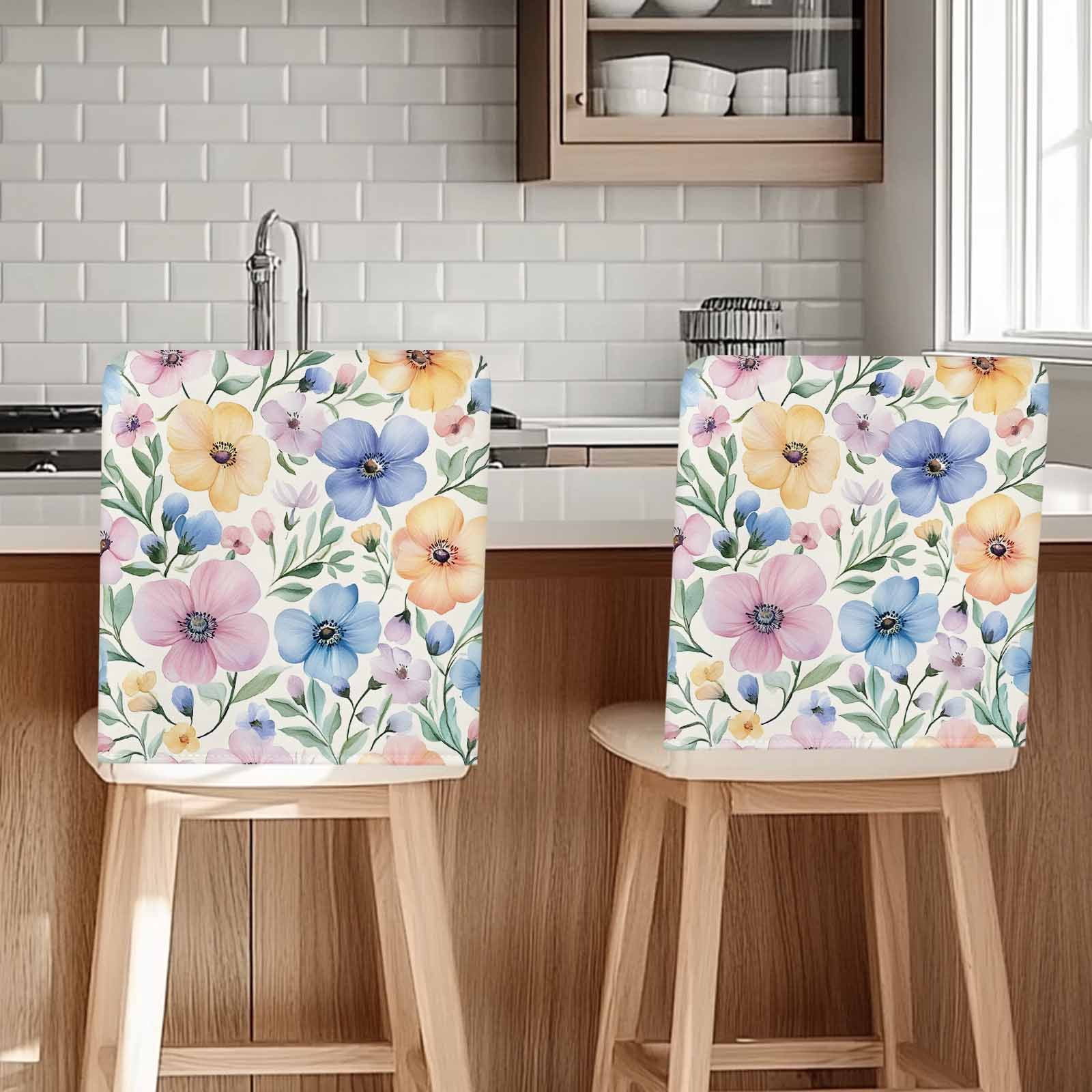 Blue Pink Flowers Chair Covers Set of 6 Spring Watercolor Floral Leave ...