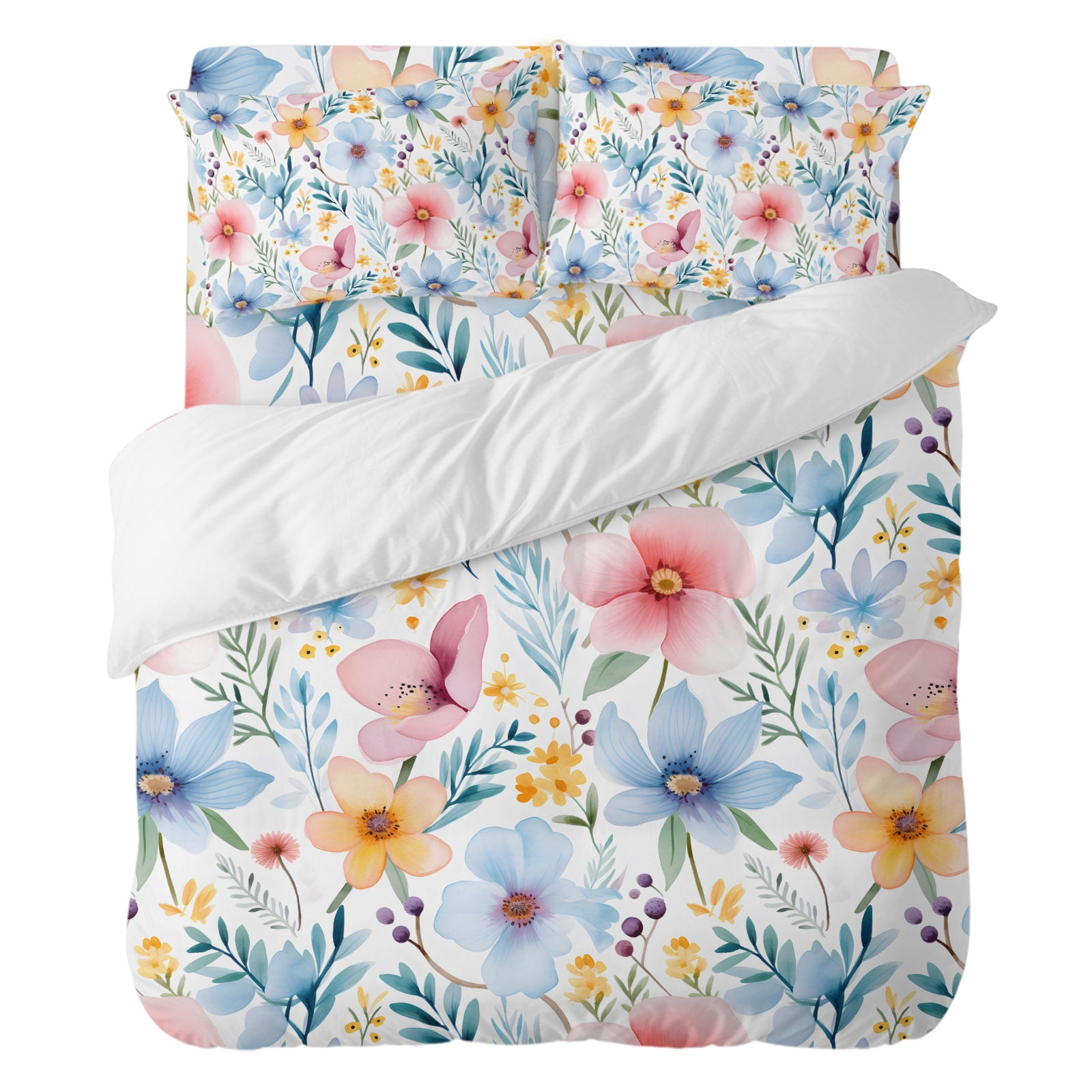 Blue Pink Flowers Comforter Set Queen Size, Spring Floral Soft Bedding ...