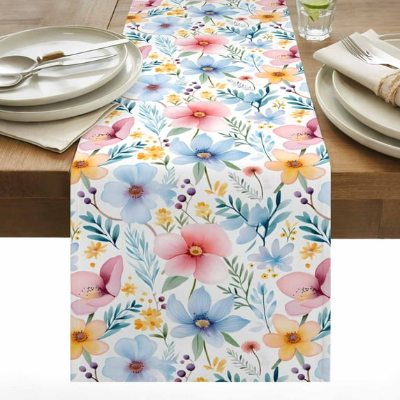Blue Pink Flowers Cotton Linen Table Runner Spring Floral Dining Table ...