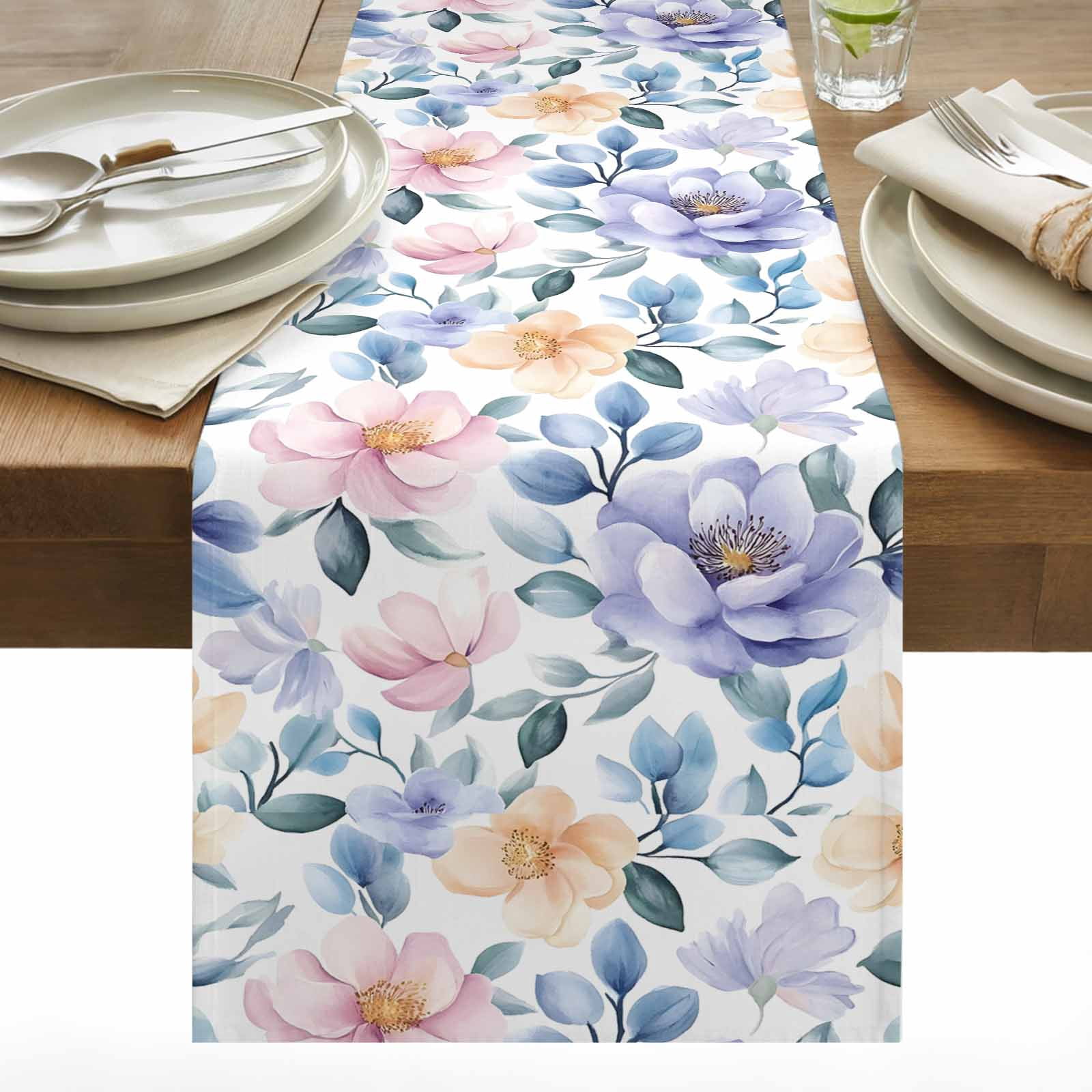 Blue Pink Flowers Cotton Linen Table Runner Spring Watercolor Floral ...
