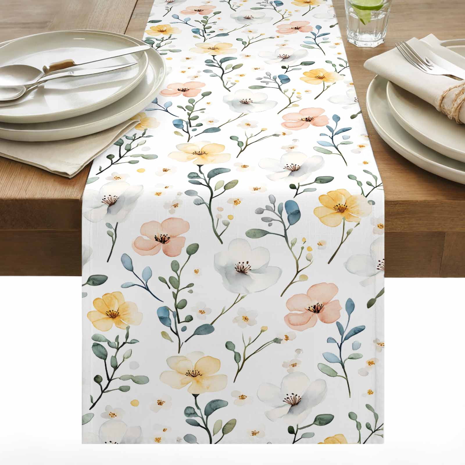 Blue Pink Flowers Cotton Linen Table Runner Spring Watercolor Leave ...