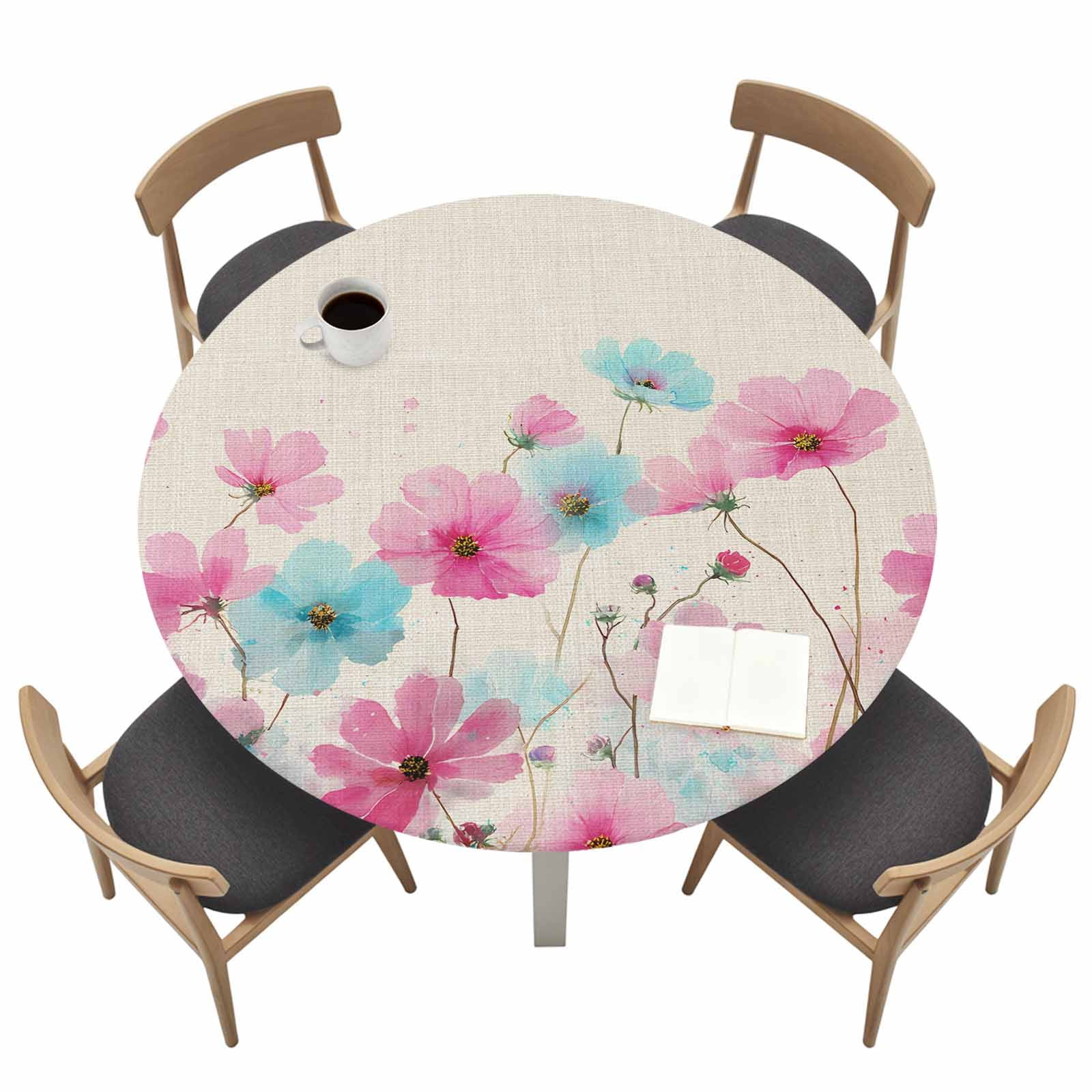 Blue Pink Flowers Fitted Tablecloth with Elastic Edged, Round Table ...