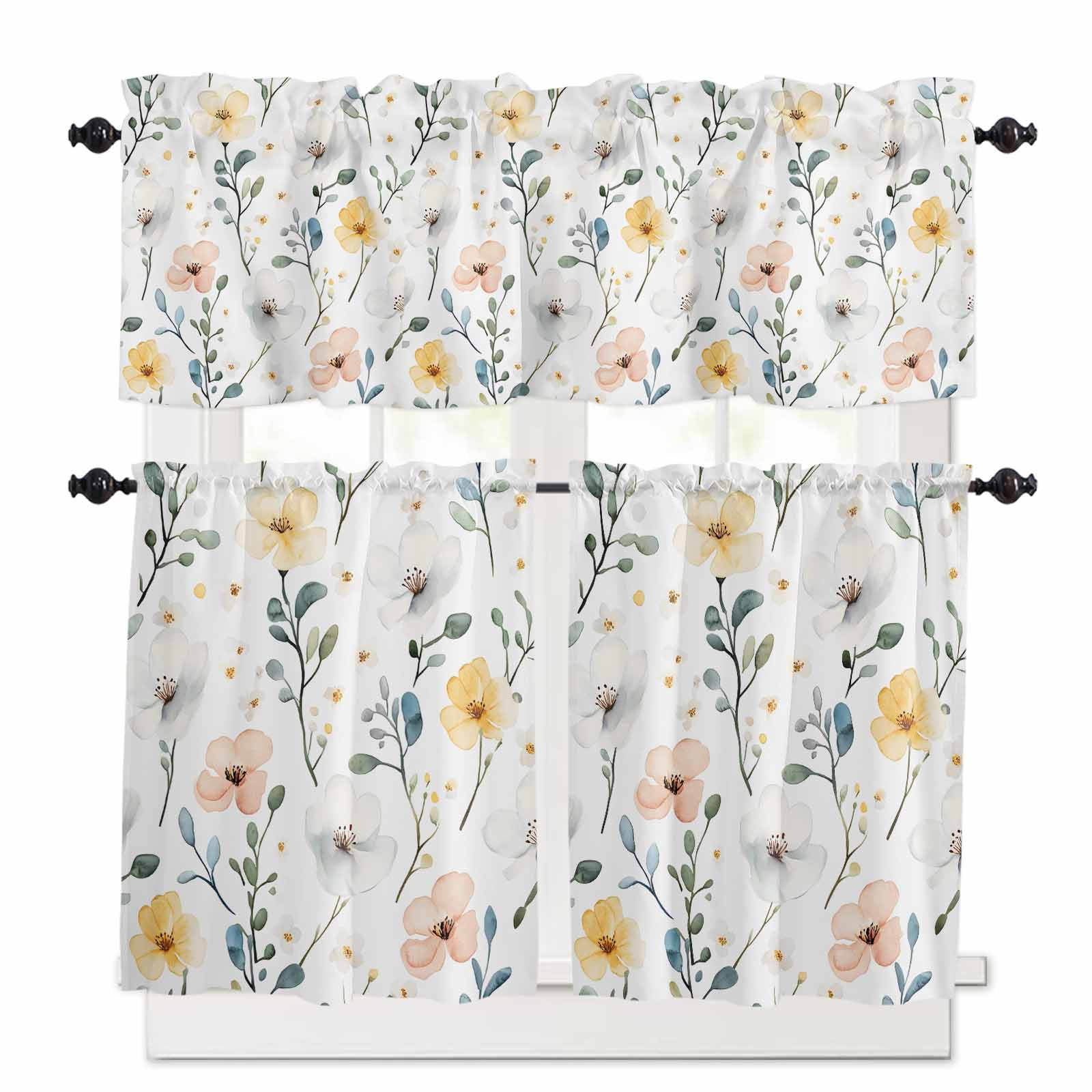 Blue Pink Flowers Kitchen Curtains Valances and Tiers Set of 3 Spring ...