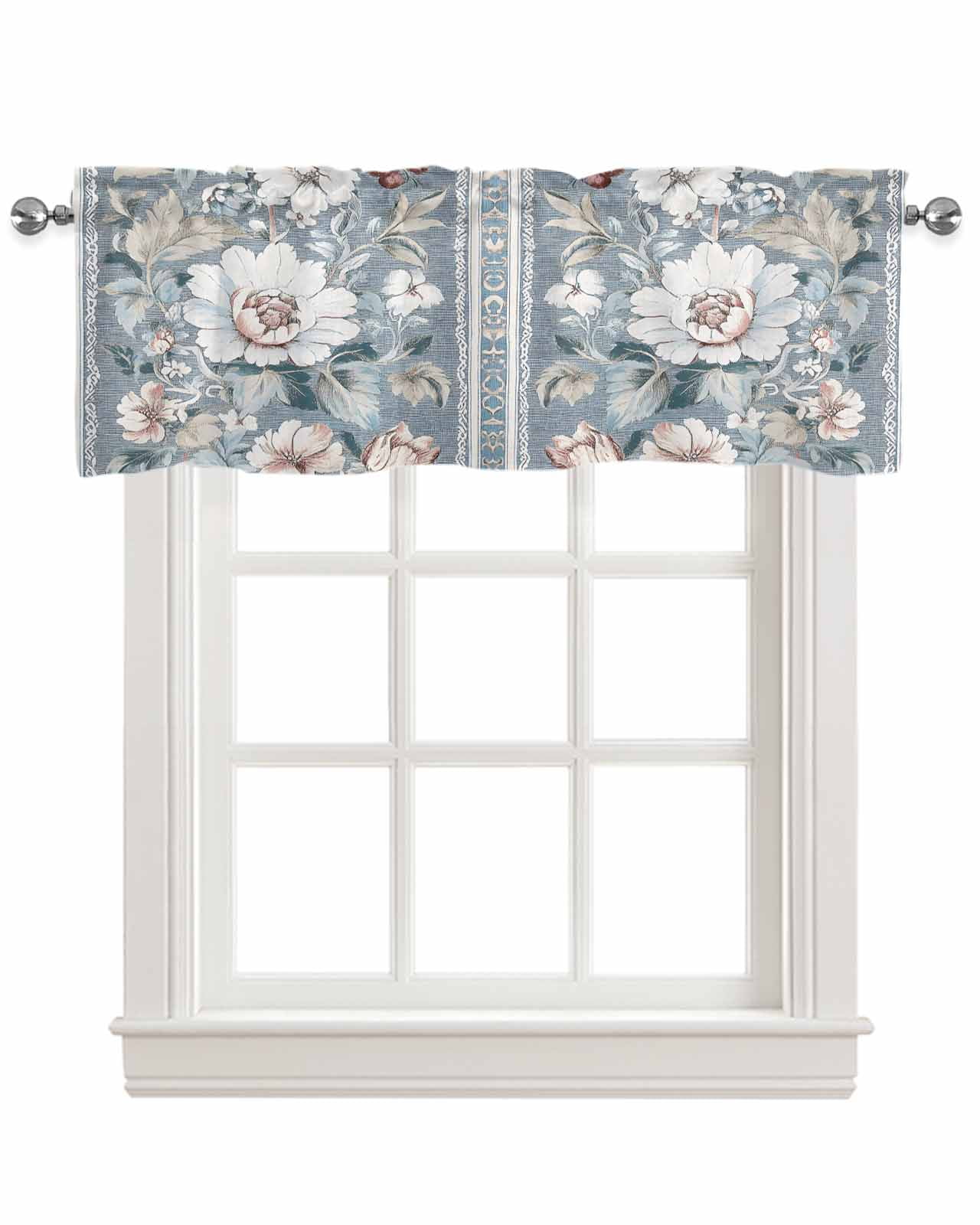 Blue Pink Flowers Kitchen Valances for Windows Farmhouse Linen Window ...
