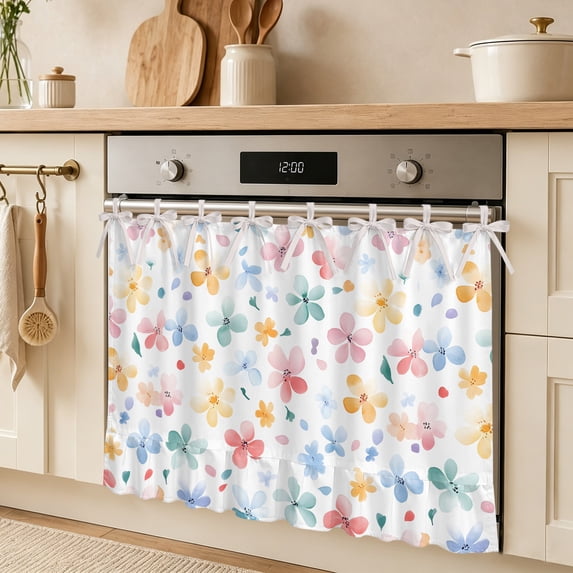 Blue Pink Flowers Oven Skirt Curtain, Spring Watercolor Leaves Floral ...