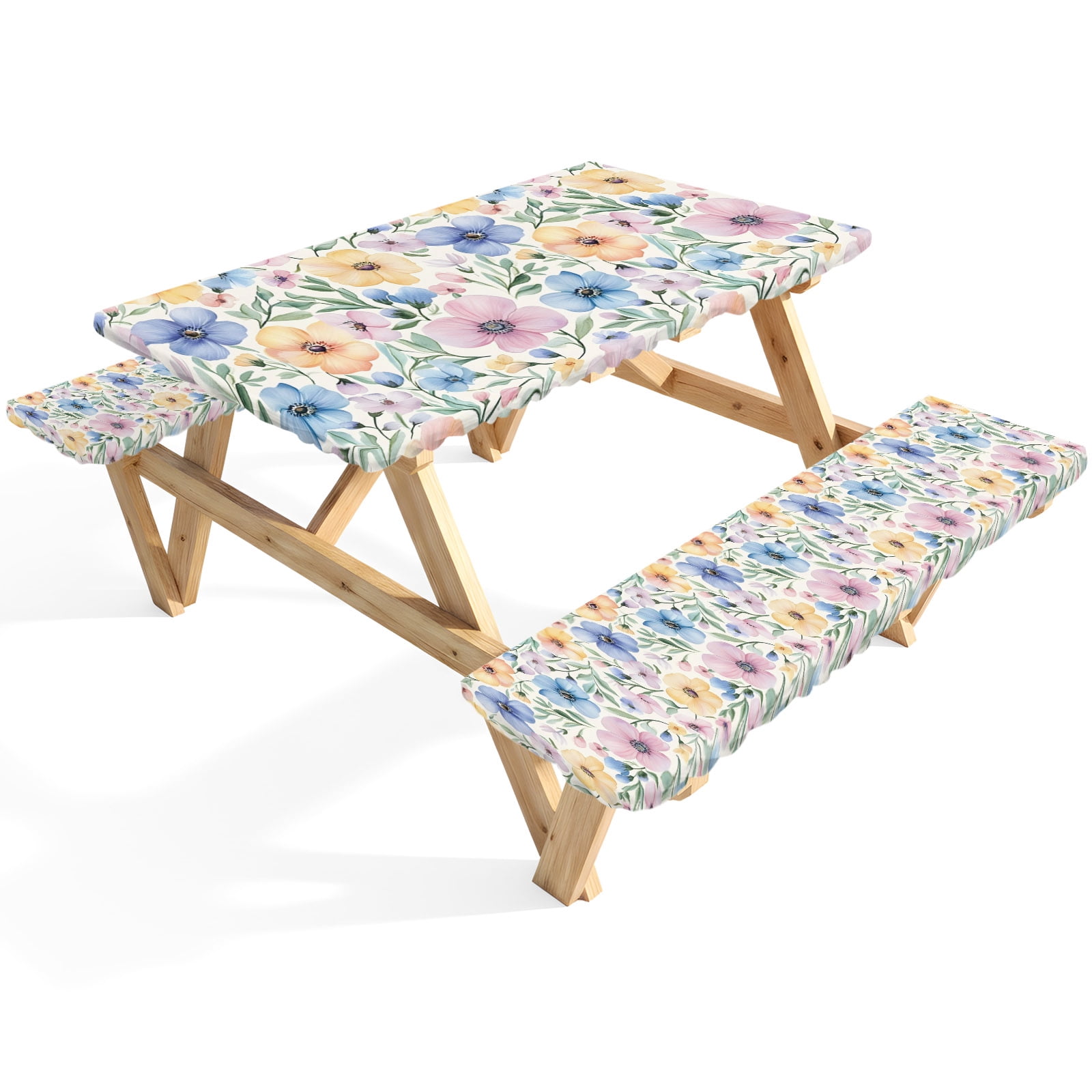 Blue Pink Flowers Picnic Table Cover with Bench Covers Spring ...