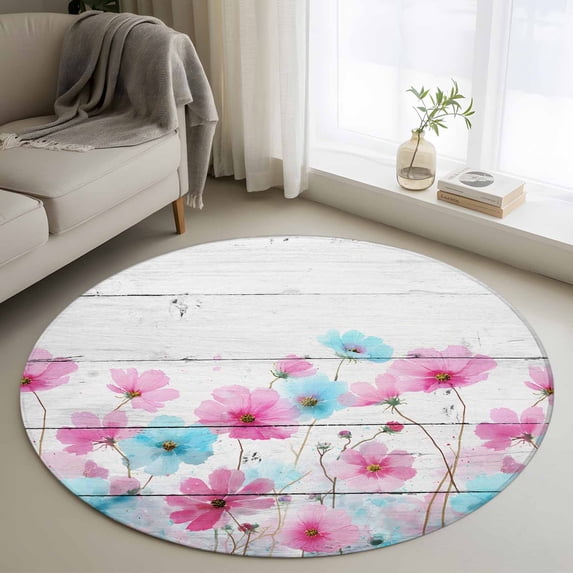 Blue Pink Flowers Round Rug 3ft Washable Circle Entryway Rugs Non Slip ...