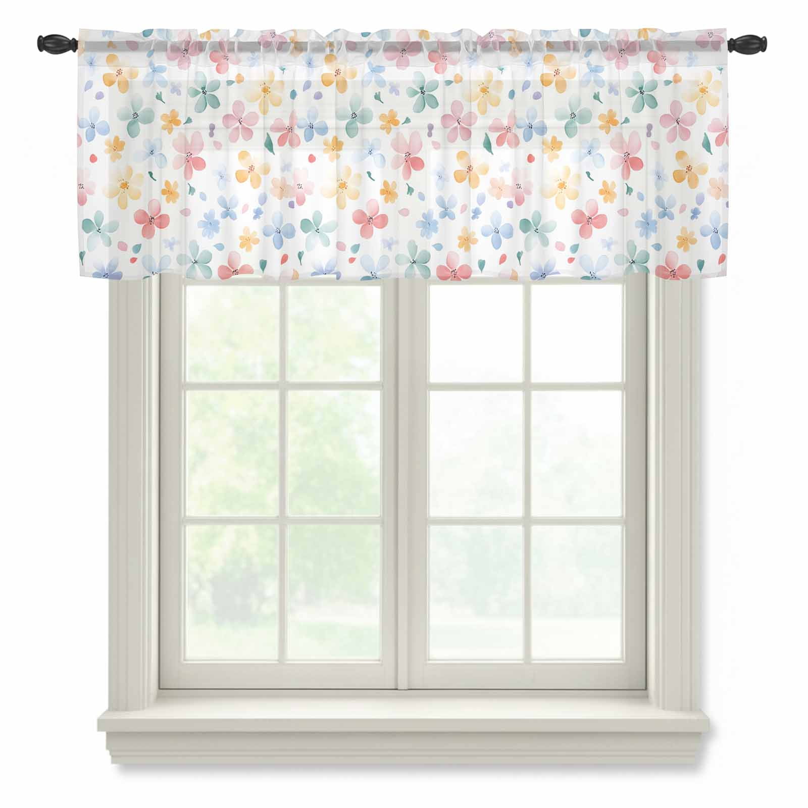 Blue Pink Flowers Semi Sheer Valance Curtains, Spring Watercolor Leaves ...