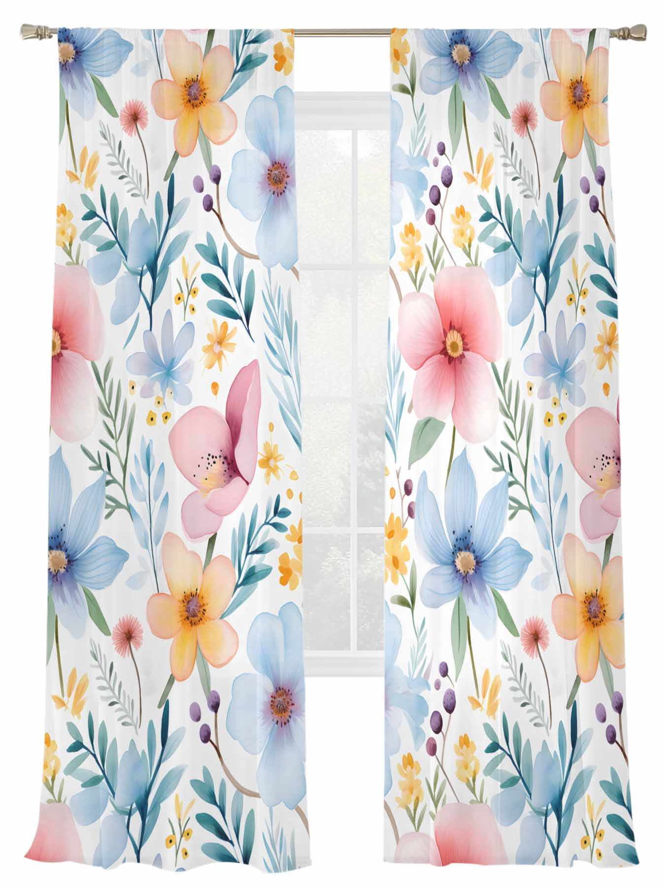 Blue Pink Flowers Sheer Curtains 2 Panels Set Spring Floral Sheer ...