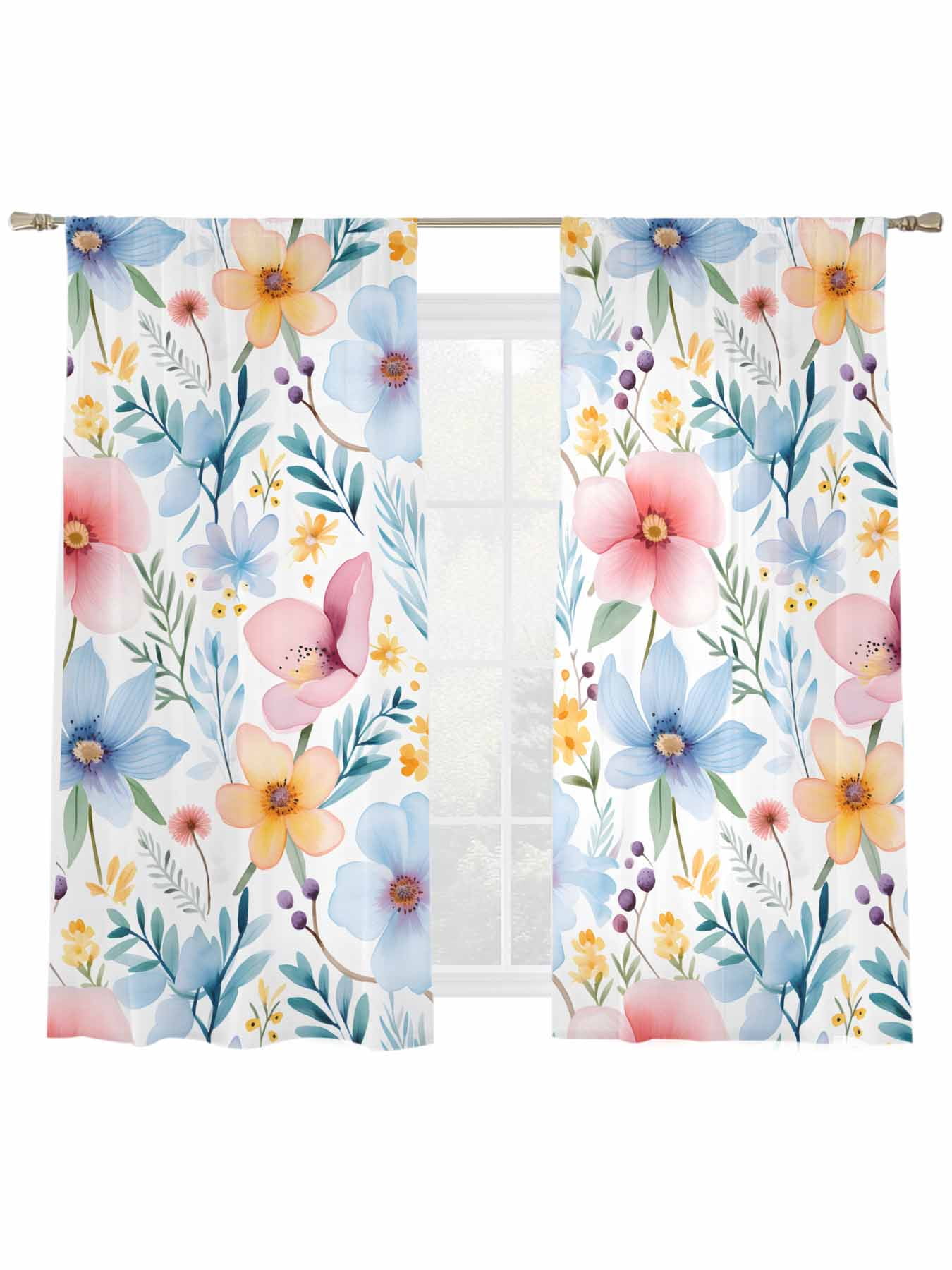 Blue Pink Flowers Sheer Curtains 2 Panels Set Spring Floral Sheer ...