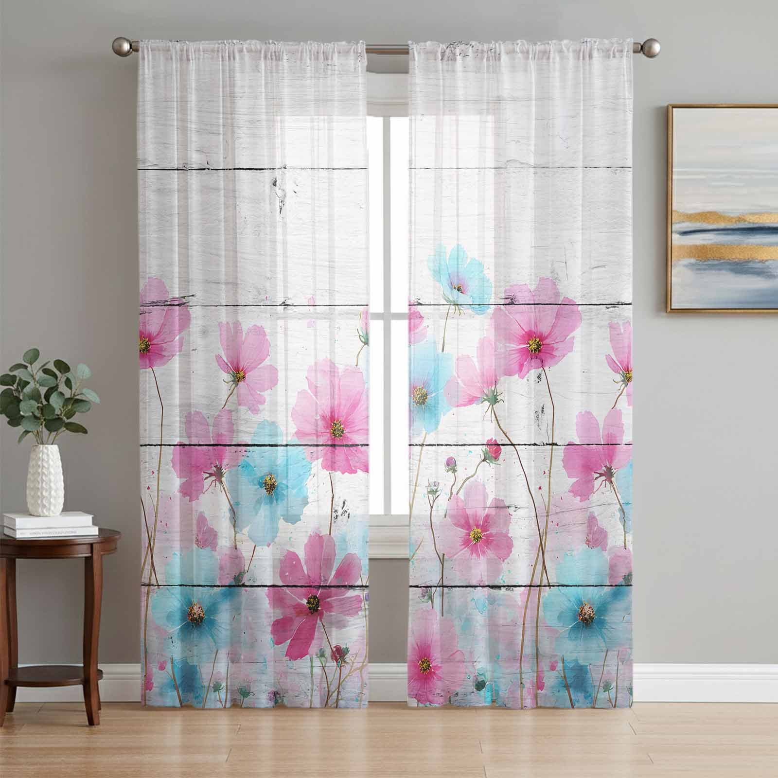 Blue Pink Flowers Sheer Curtains 63 Inch Length 2 Panels Set, Spring ...