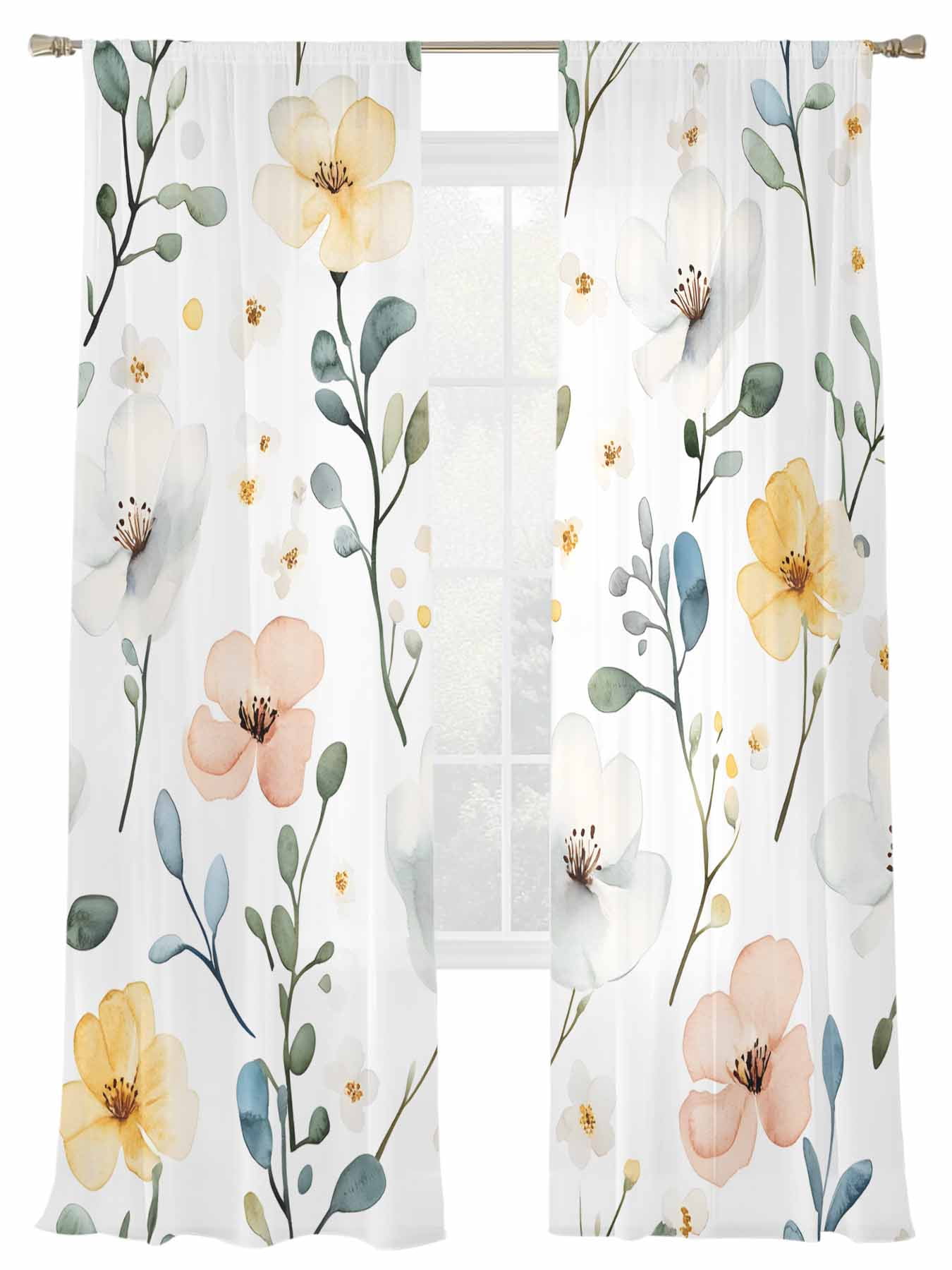 Blue Pink Flowers Sheer Curtains for Living Room Bedroom, Spring ...