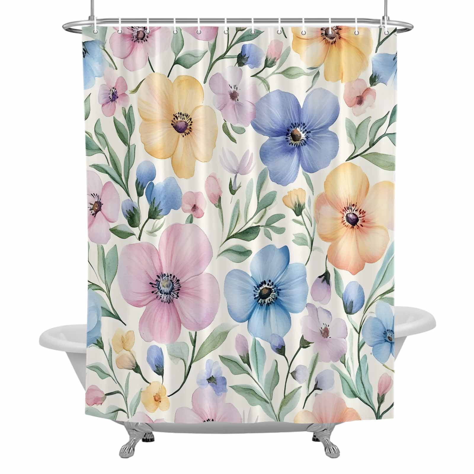 Blue Pink Flowers Shower Curtain for Bathroom, Spring Watercolor Floral ...