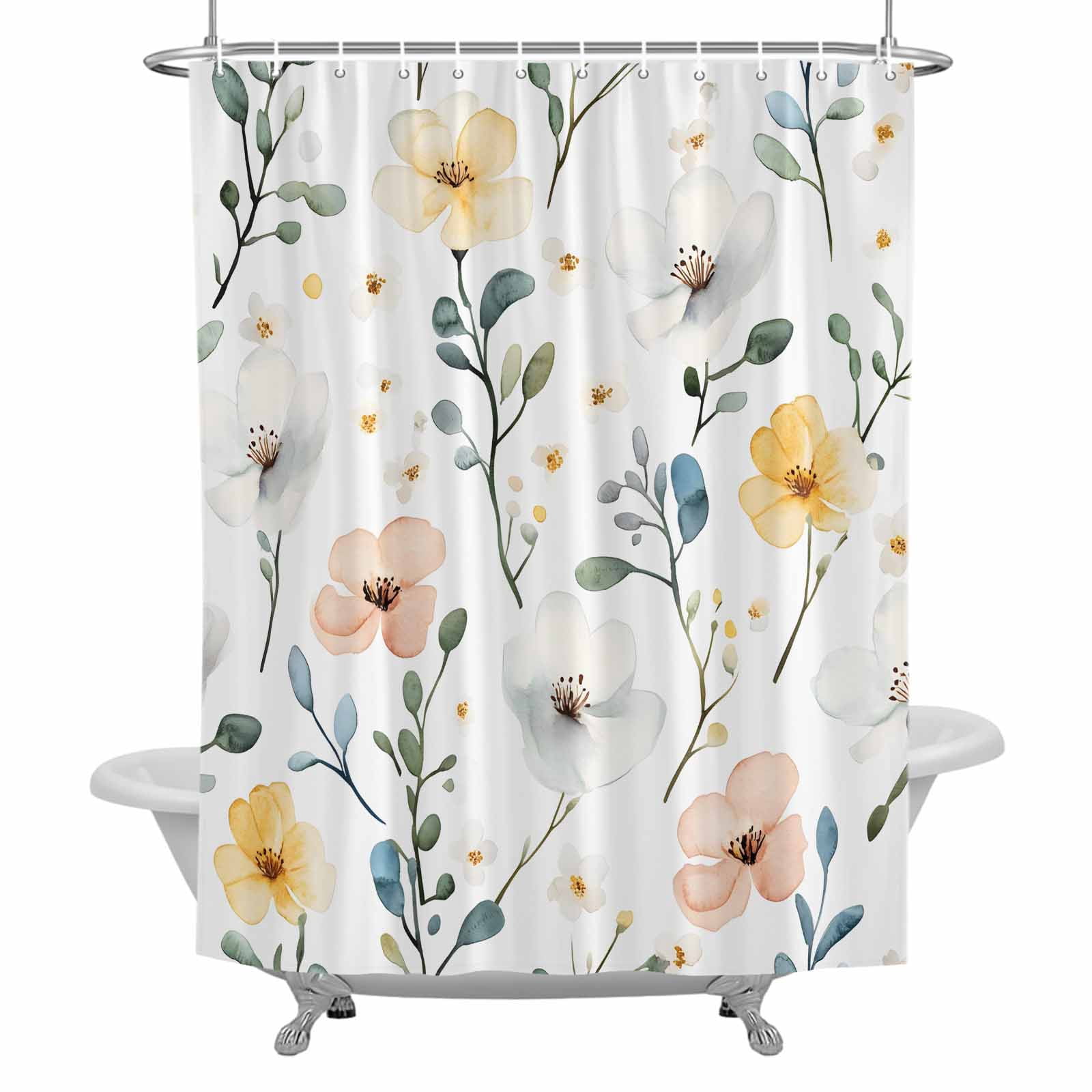 Blue Pink Flowers Shower Curtain for Bathroom, Spring Watercolor Leave ...