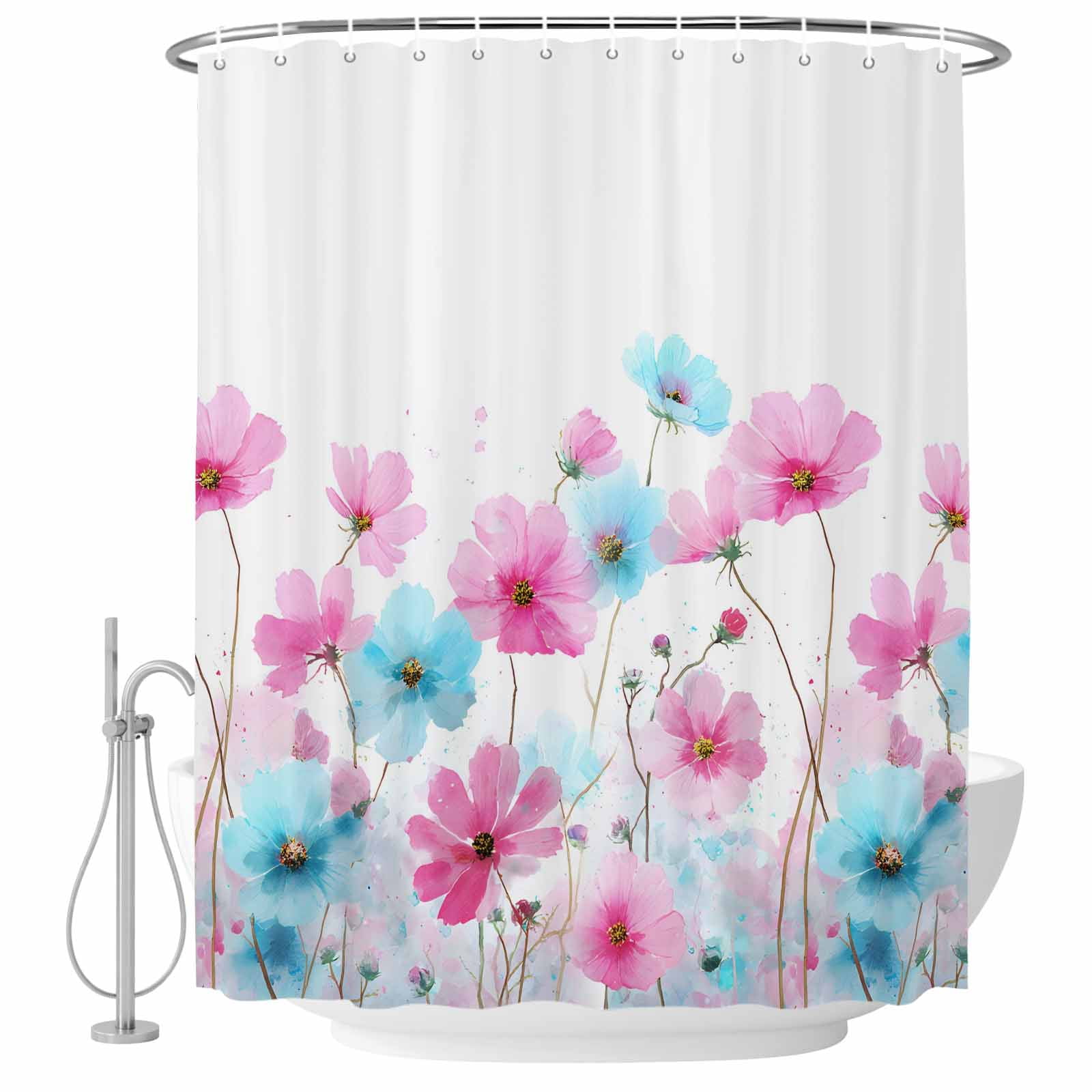 Blue Pink Flowers Shower Curtain Set - Extra Long 72" x 96" Washable ...