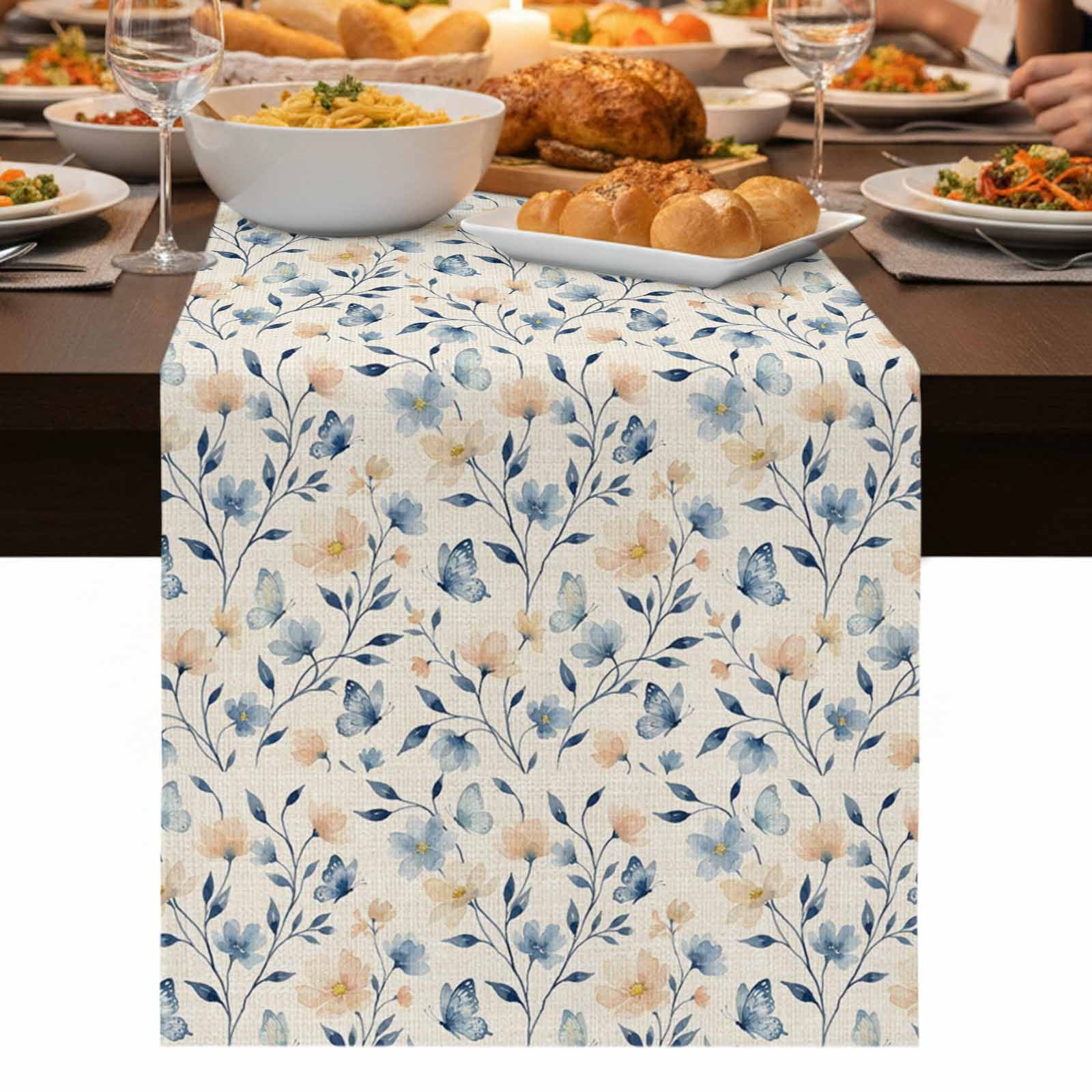 Blue Pink Flowers Table Runner 60 Inch Long Dresser Scarves Linen ...