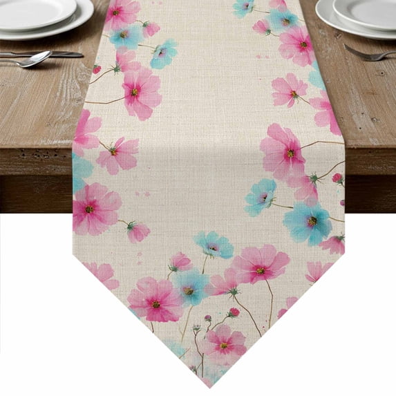 Blue Pink Flowers Table Runner Linen Burlap Table Runner 70 Inches Long ...