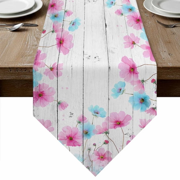 Blue Pink Flowers Table Runner Linen Burlap Table Runner 72 Inches Long ...