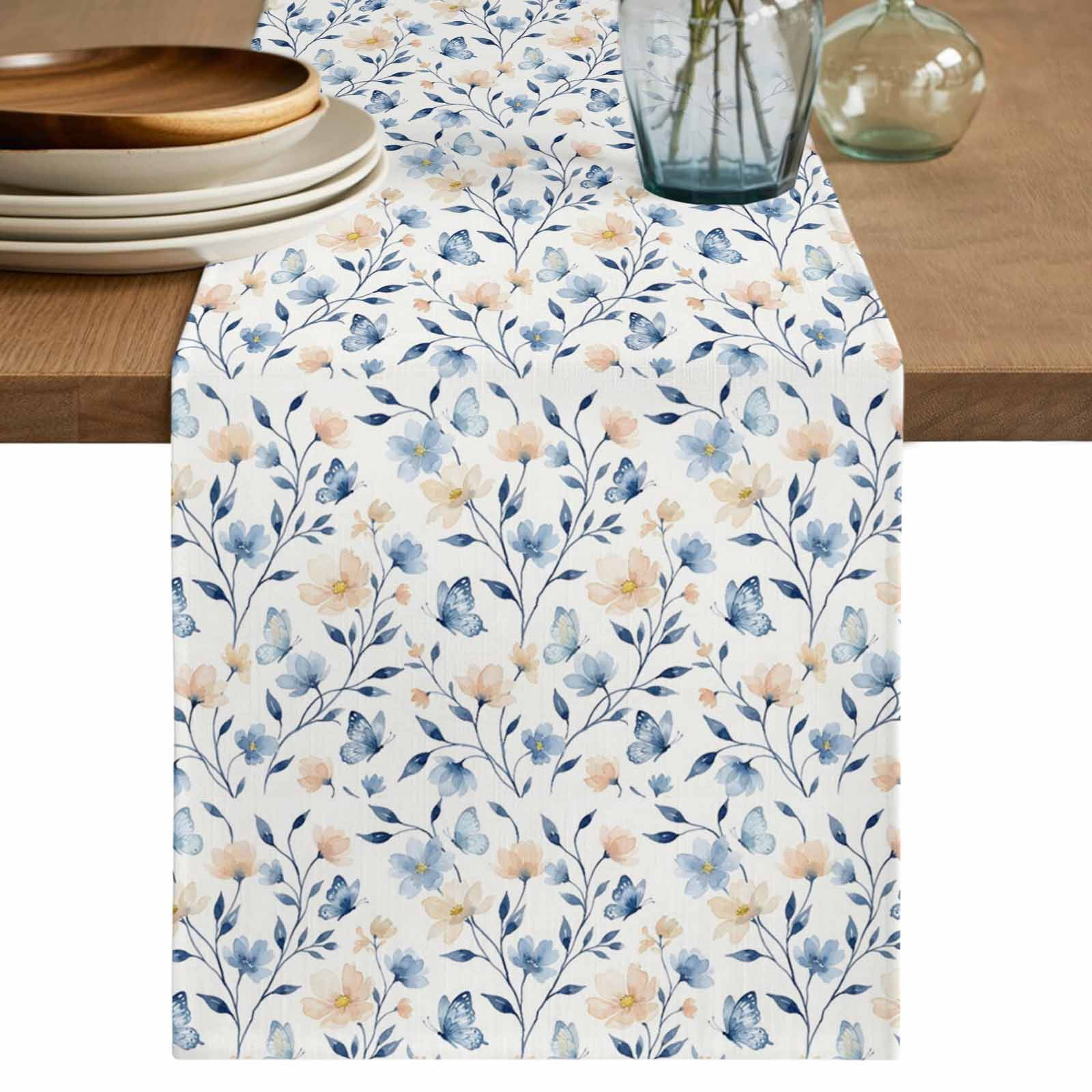 Blue Pink Flowers Table Runner, Spring Floral Elegant Pastoral ...