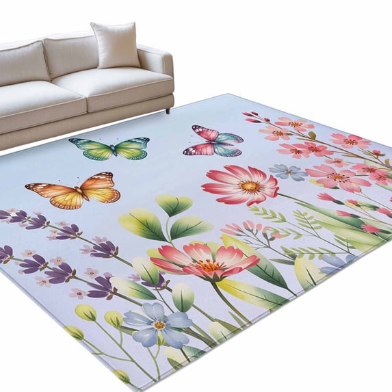Blue Pink Flowers Washable Rug 3x5 Area Rug for Living Room Bedroom Non ...