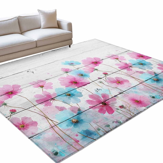 Blue Pink Flowers Washable Rug 3x5 Area Rug for Living Room Bedroom Non ...