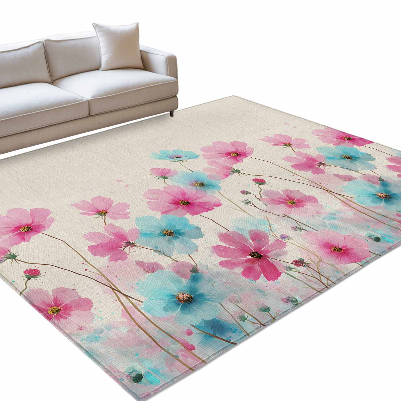 Blue Pink Flowers Washable Rug 3x5 Area Rug for Living Room Bedroom Non ...