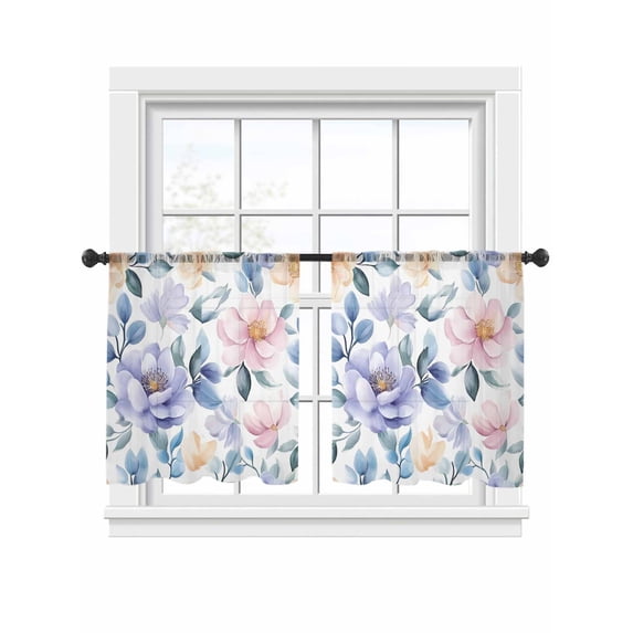 Blue Pink Flowers Window Sheer Curtain Spring Watercolor Floral Leaves ...