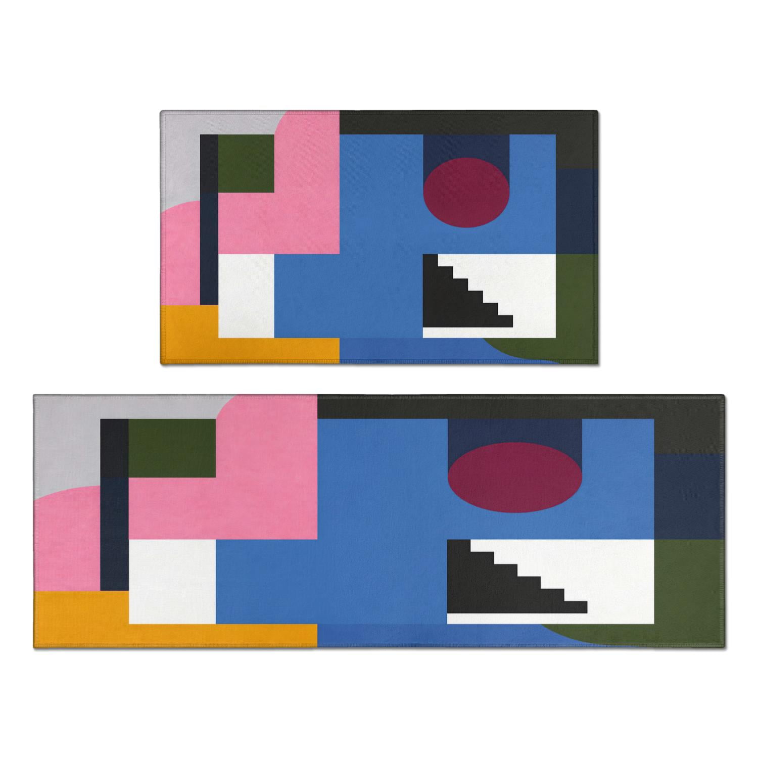 Blue and Pink Geometric` Kitchen Rugs and Mats Sets Of 2,Kitchen ...