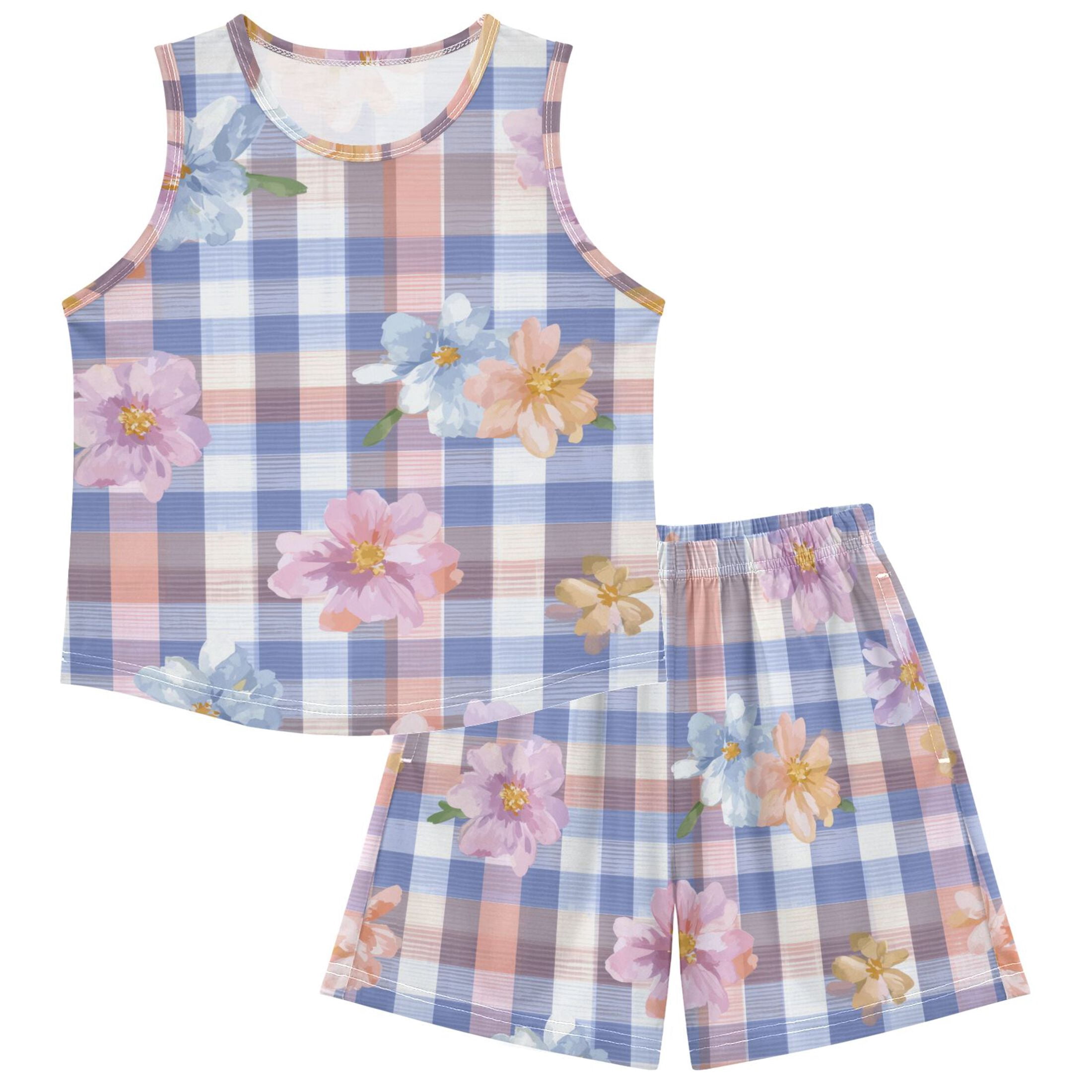 Blue Pink Gingham Pattern with Flowers Pajamas Set Sleeveless Sleepwear ...