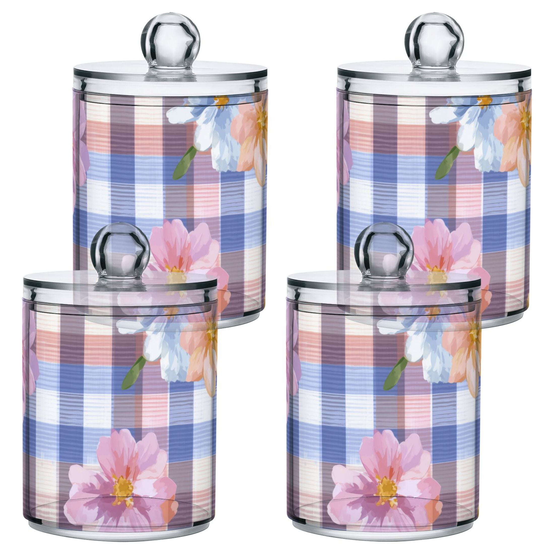 Blue Pink Gingham Pattern with Flowers Translucent Plastic Cans Storage ...