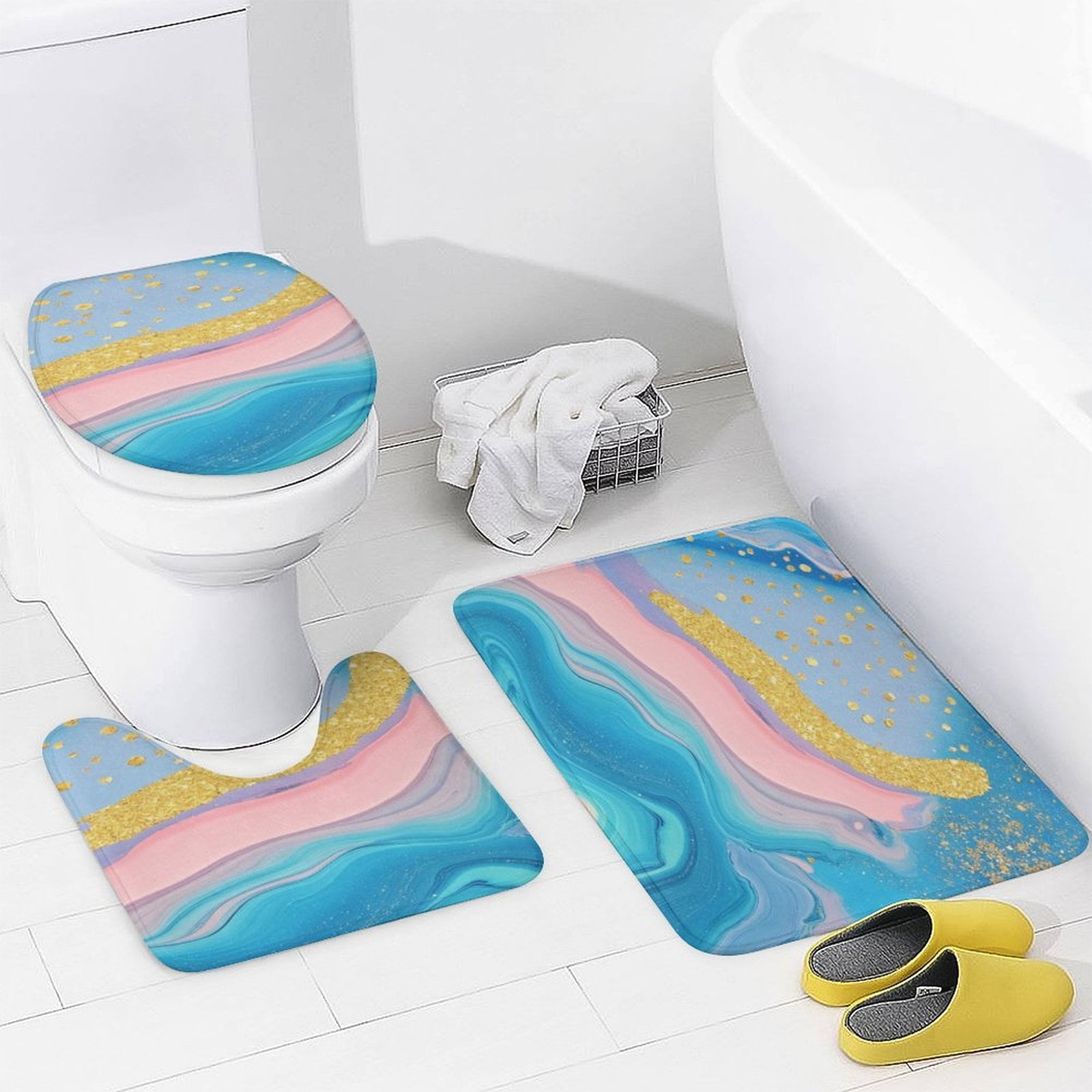 Blue Pink Gold Glitter Marble Bathroom Mats Sets 3 Piece, Bath Mat ...