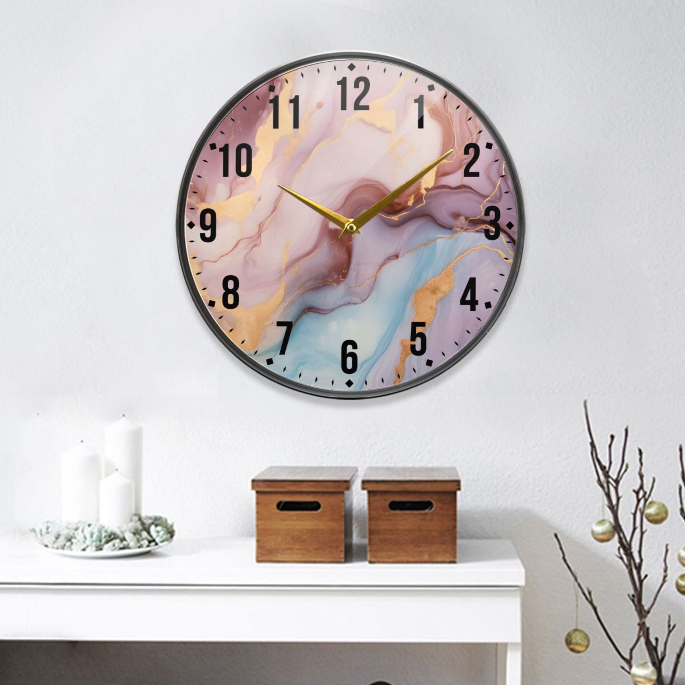 Blue Pink Gold Marble Round Wall Clock 12 Inch Non-Ticking Silent ...