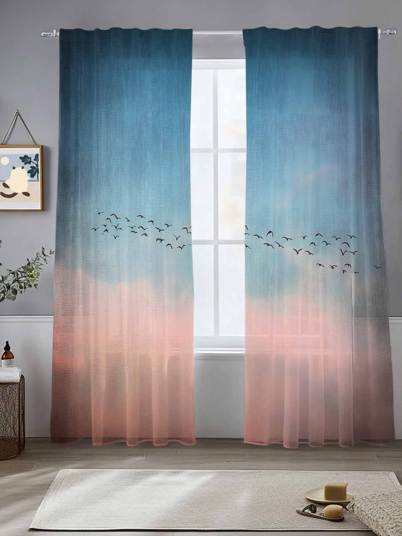 Blue Pink Gradient Sky Sheer Curtains for Living Room Bedroom Vintage ...