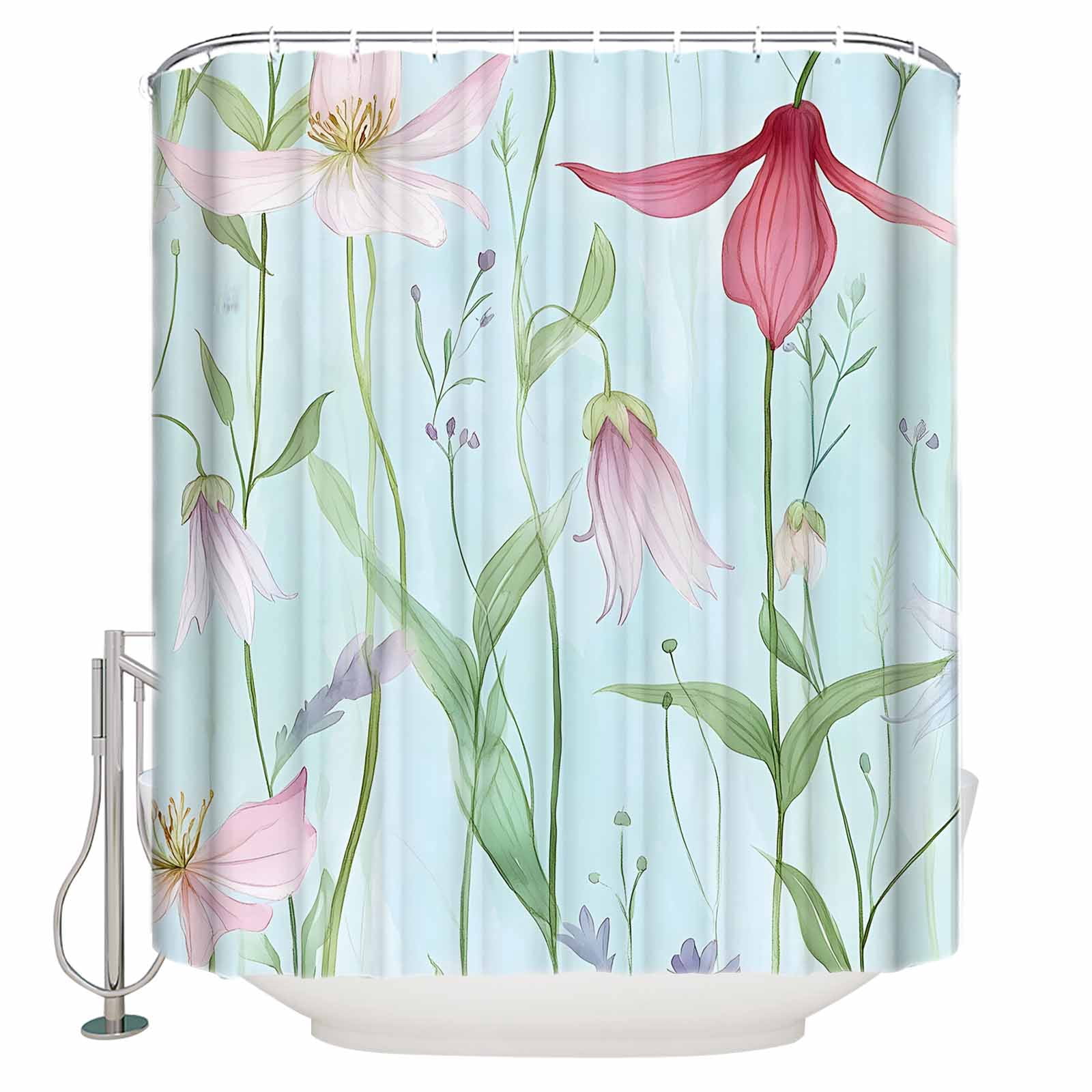Blue Pink Green Floral Bathroom Shower Curtains with 12 Hooks Polyester ...